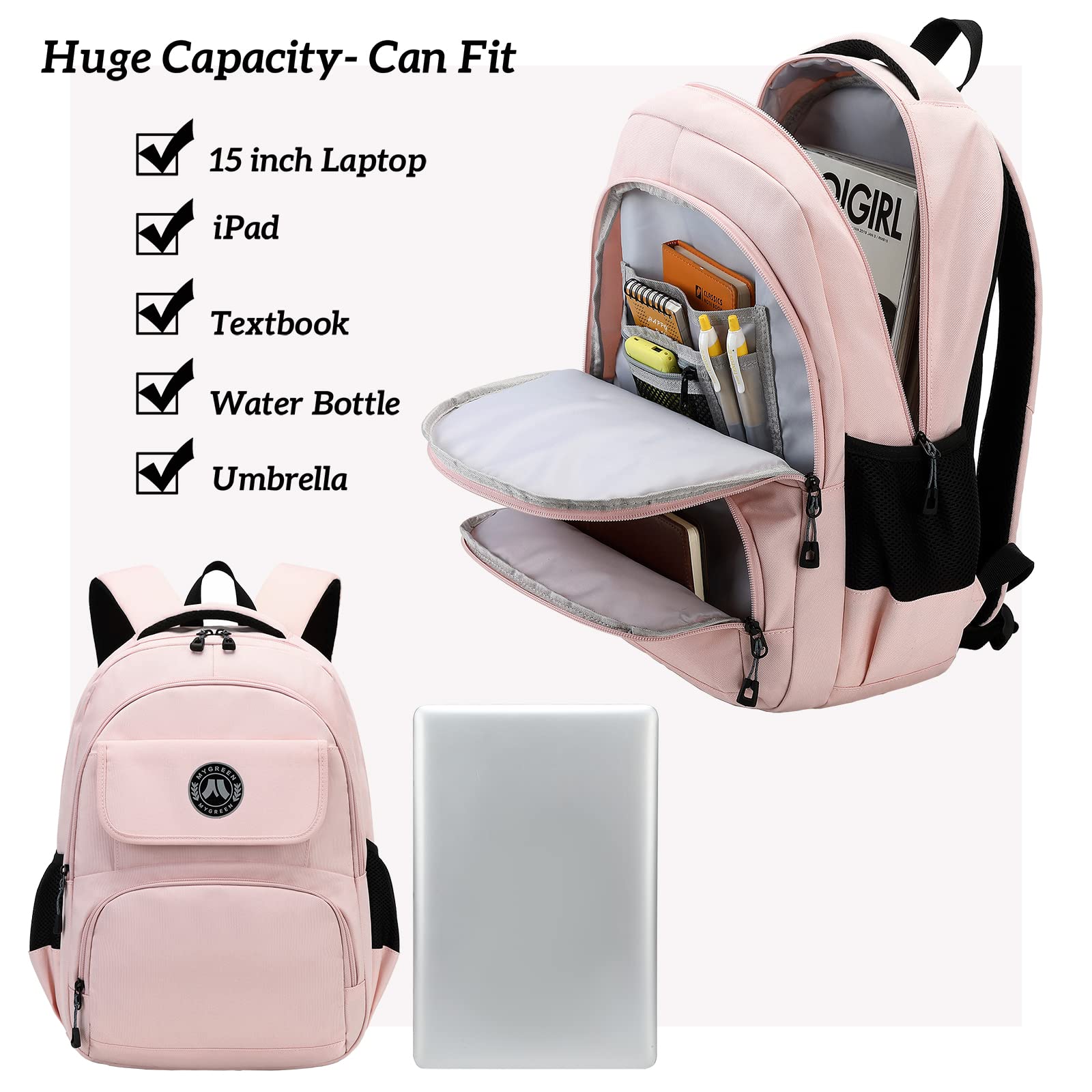 Mygreen Laptop Backpack for School Hiking Work with 15.6 in Sleeve | Durable & Dependable Women Girls Bookbag Purple College Backpack Water Resistant Green