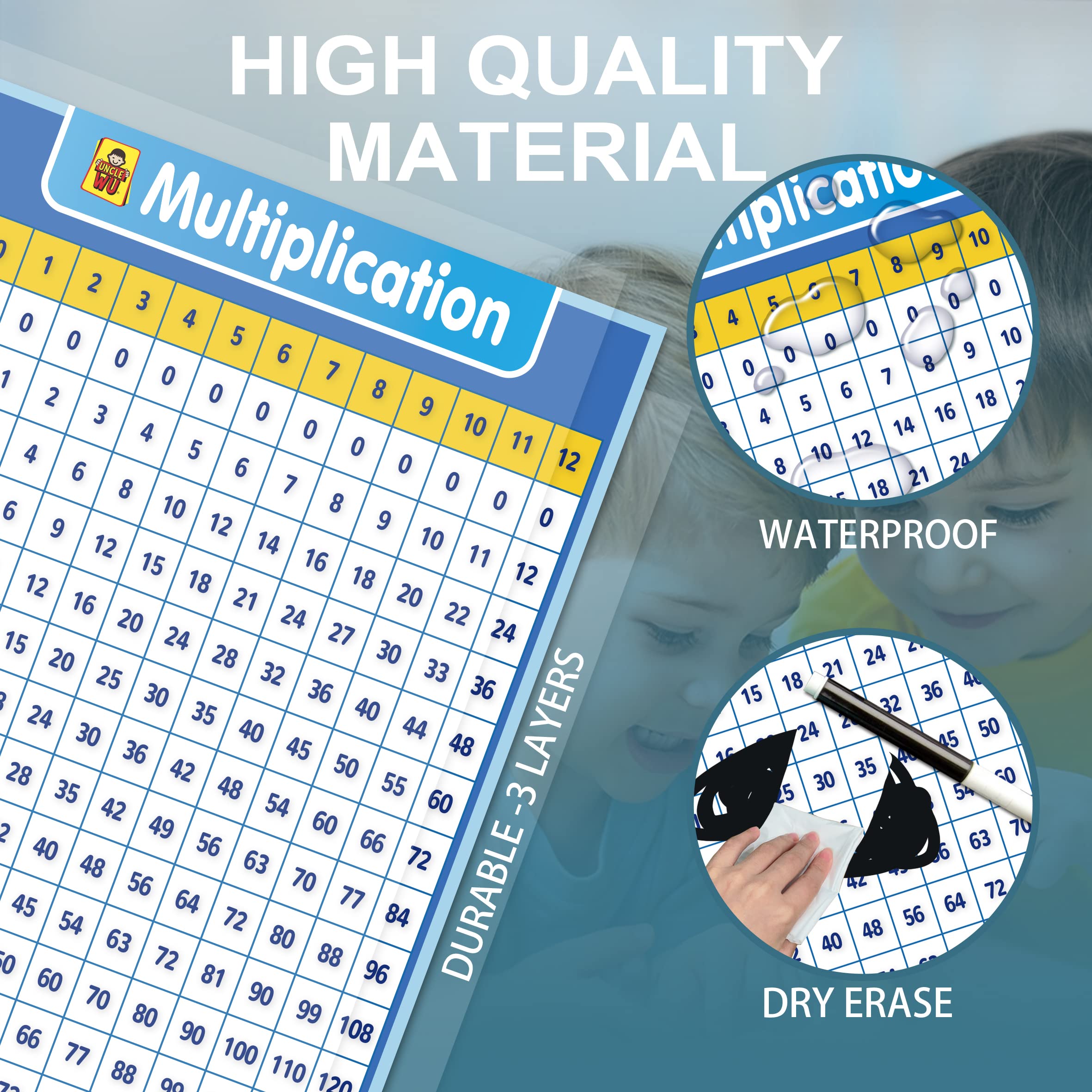 UNCLE WU Multiplication Chart Dry Erase Laminated Table Poster for Kids - Educational Times Table Math Chart -Homeclass School Supplies Wall Poster (18" x 24"inch)