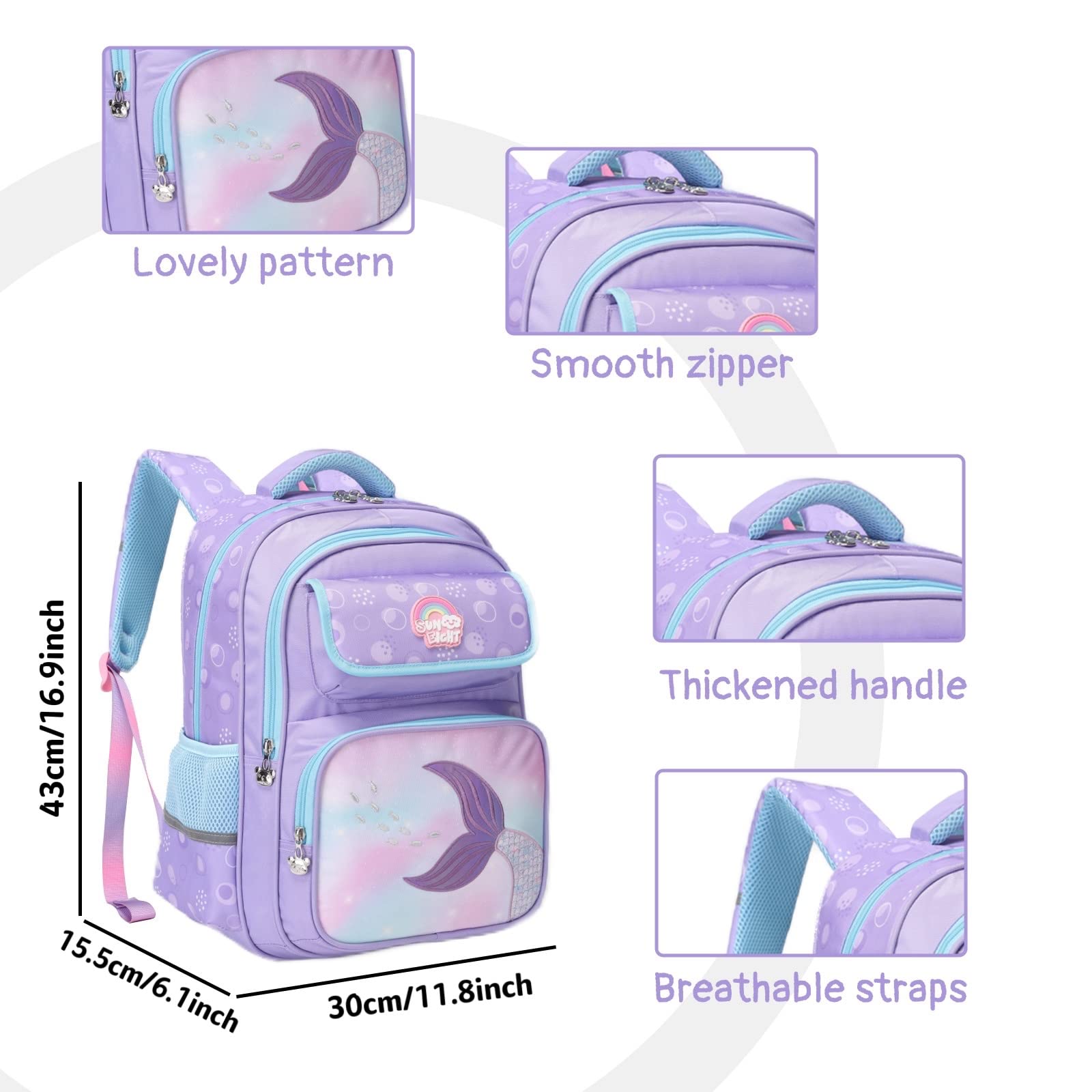Tanou Kids Backpacks for Girls, 16'' Elementary School Backpack, Breathable Bookbags with Reflective Strip for Girl 6-12 Years, Mermaid