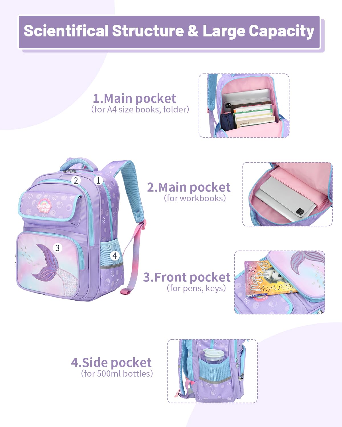 Tanou Kids Backpacks for Girls, 16'' Elementary School Backpack, Breathable Bookbags with Reflective Strip for Girl 6-12 Years, Mermaid