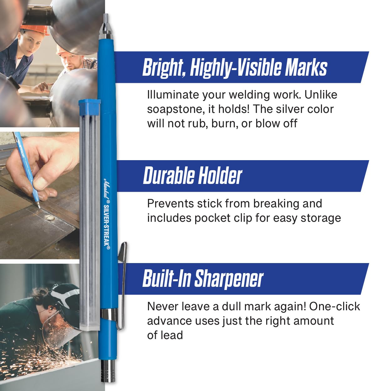 Markal 96107- Markal Silver-Streak Refillable Mechanical Holder With 6 Silver Highly Visible Reflective Lead Refills, Built-in Sharpener, 1 Click Advance -Ideal for Metal Layout & Fabrication Work