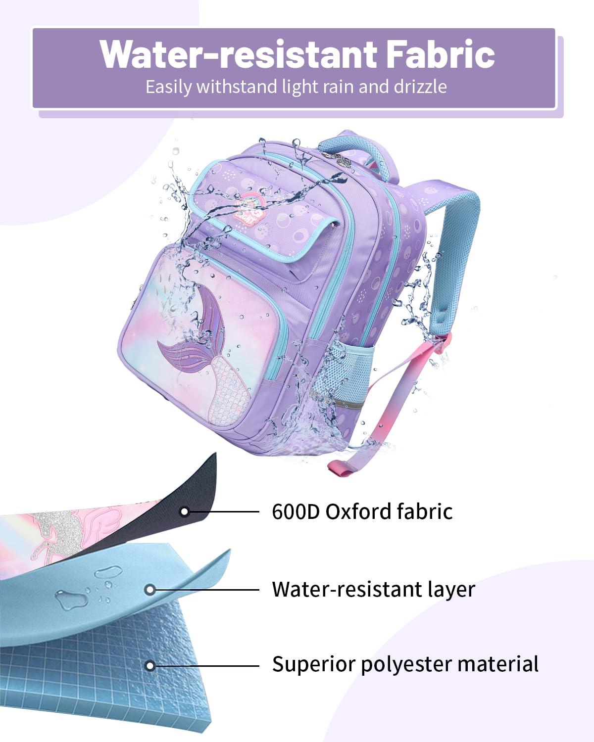 Tanou Kids Backpacks for Girls, 16'' Elementary School Backpack, Breathable Bookbags with Reflective Strip for Girl 6-12 Years, Mermaid