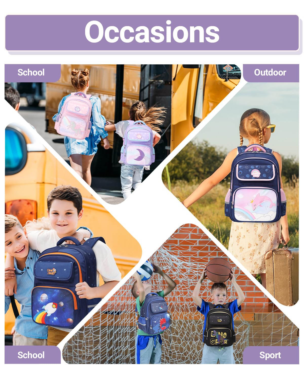 Tanou Kids Backpacks for Girls, 16'' Elementary School Backpack, Breathable Bookbags with Reflective Strip for Girl 6-12 Years, Mermaid