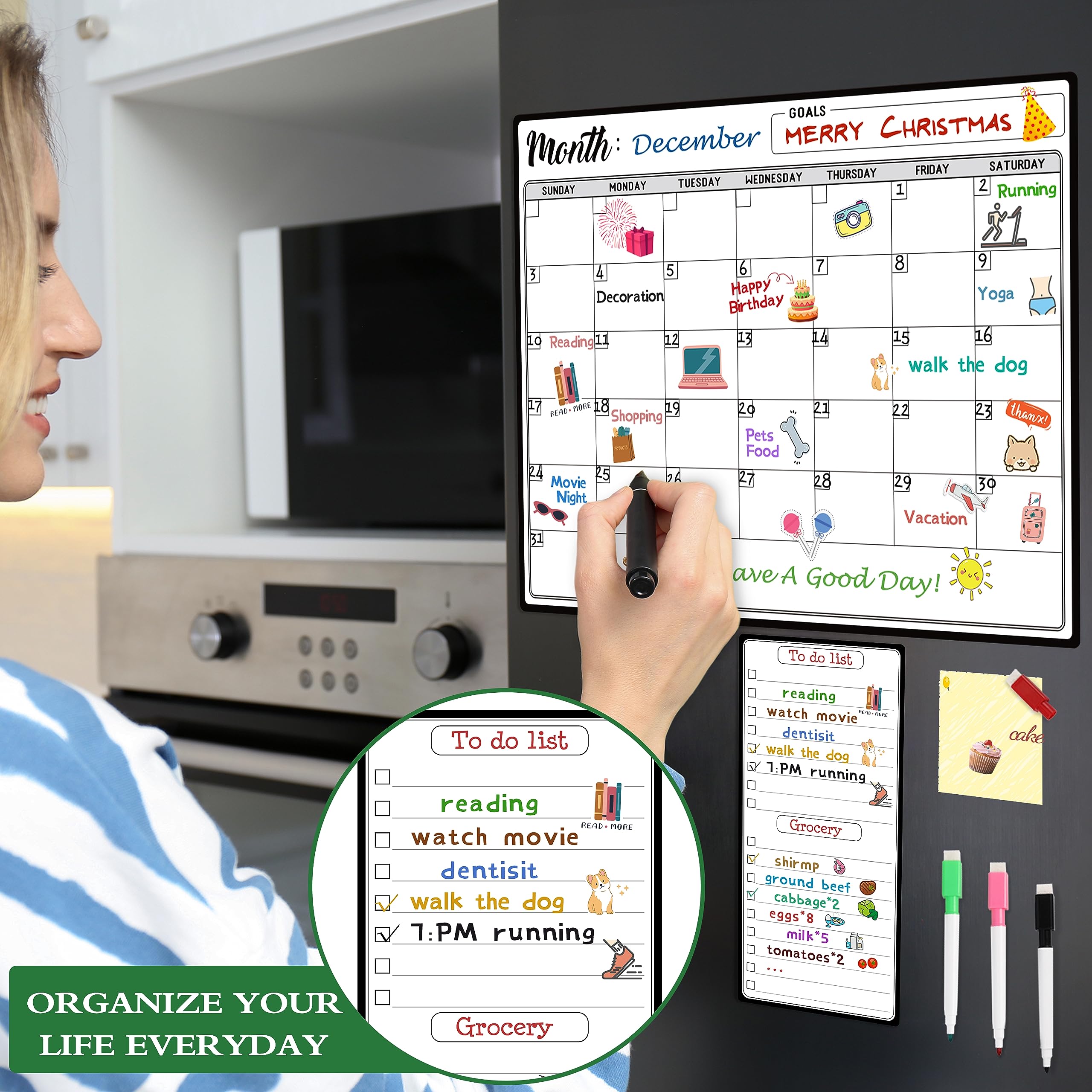Magnetic Dry Erase Refrigerator Calendar with Markers - Monthly Fridge Calendar and Today List, Fridge Whiteboard with Back Magnet