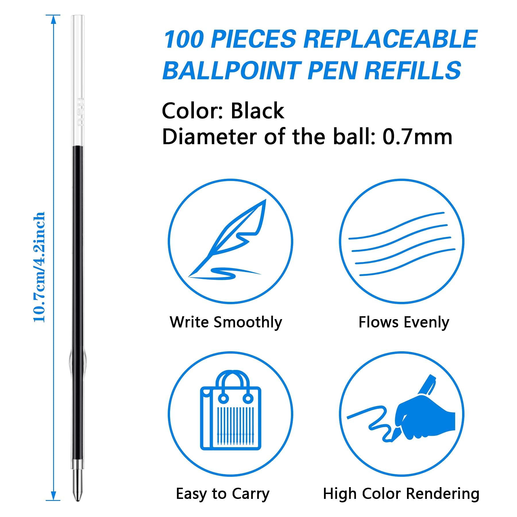 100 Pieces Ink Pen Refills Replaceable Ballpoint Pen Refills Black Ink Refills 0.7mm Smooth Writing Pen Refills for Retractable Pens Office School Supplies (Black)