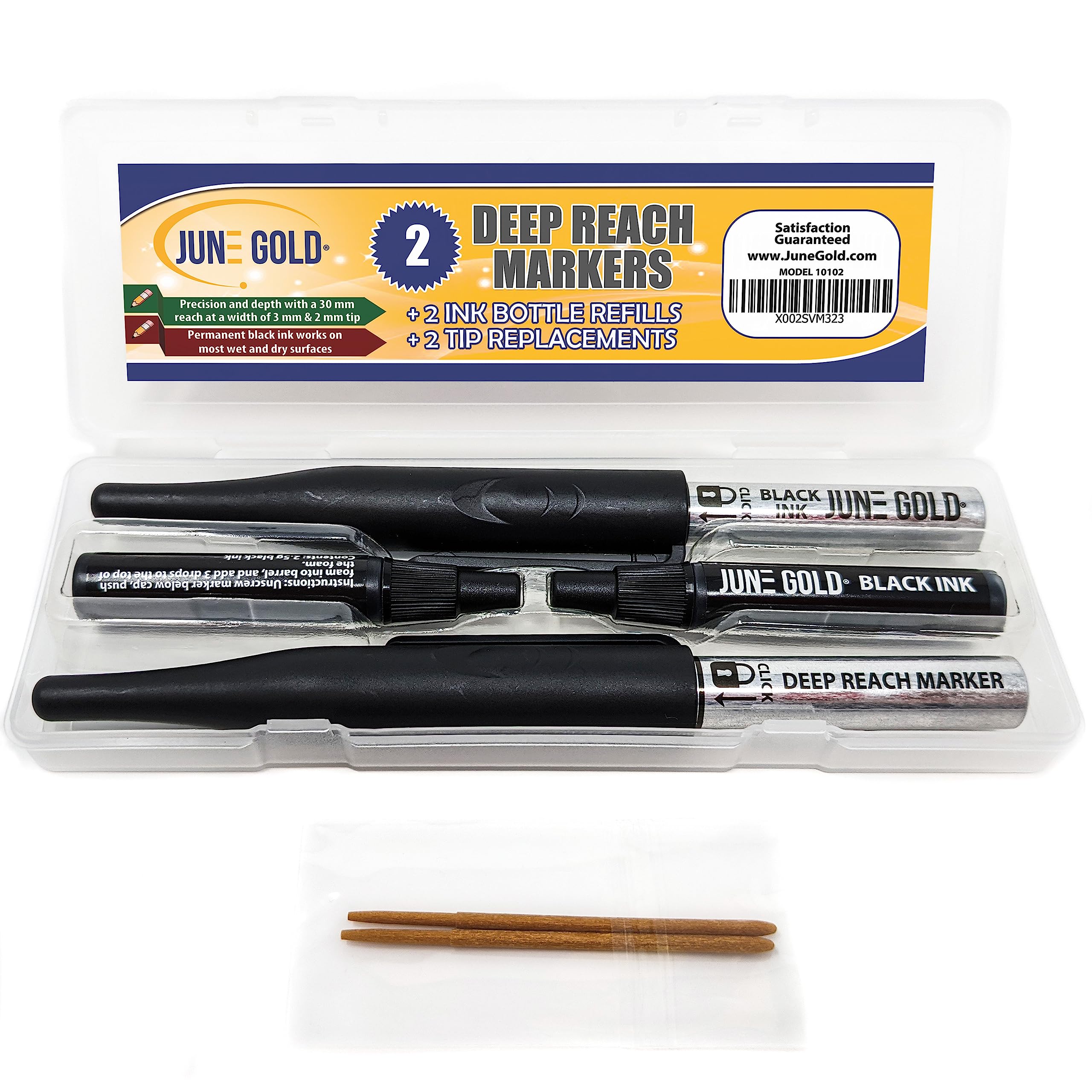 June Gold 2 Black Deep Reach Markers, 2 Ink Refill Bottles, 2 Tip Replacements, 30 mm Reach & 2 mm Felt Tip