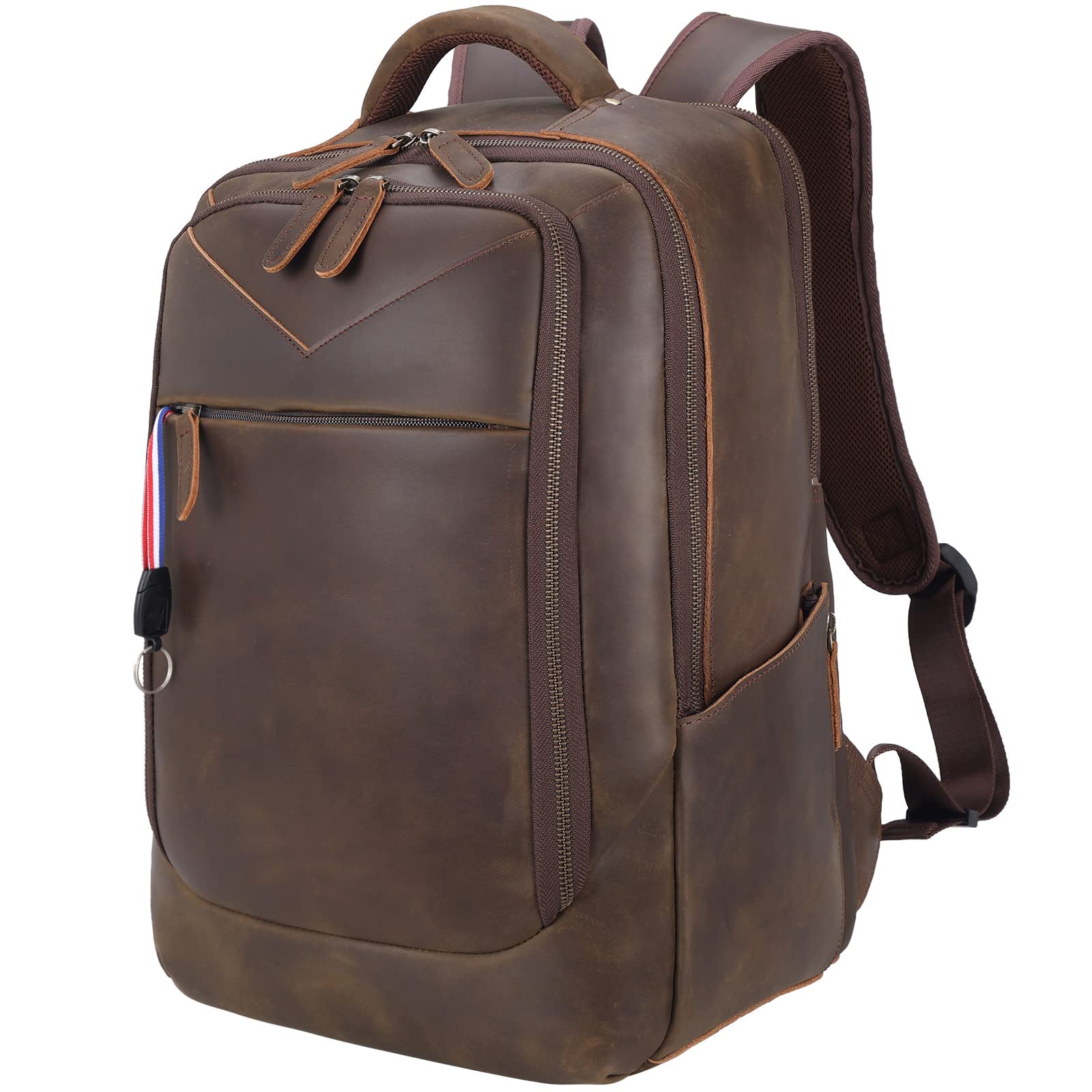 Masa Kawa Vintage Leather 15.6" Laptop Backpack for Men Large College School Bag Bookbag Business Work Travel Rucksack Casual Hiking Camping Daypack, Light Brown