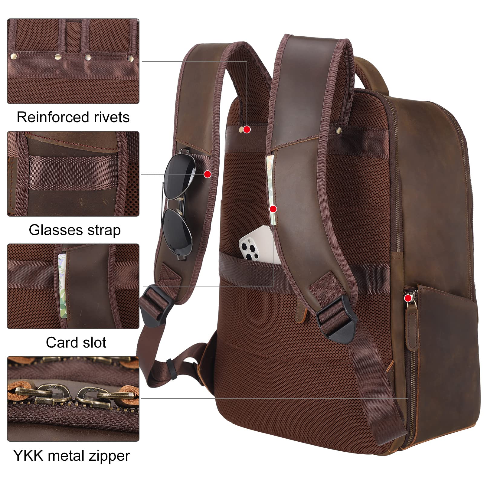 Masa Kawa Vintage Leather 15.6" Laptop Backpack for Men Large College School Bag Bookbag Business Work Travel Rucksack Casual Hiking Camping Daypack, Light Brown
