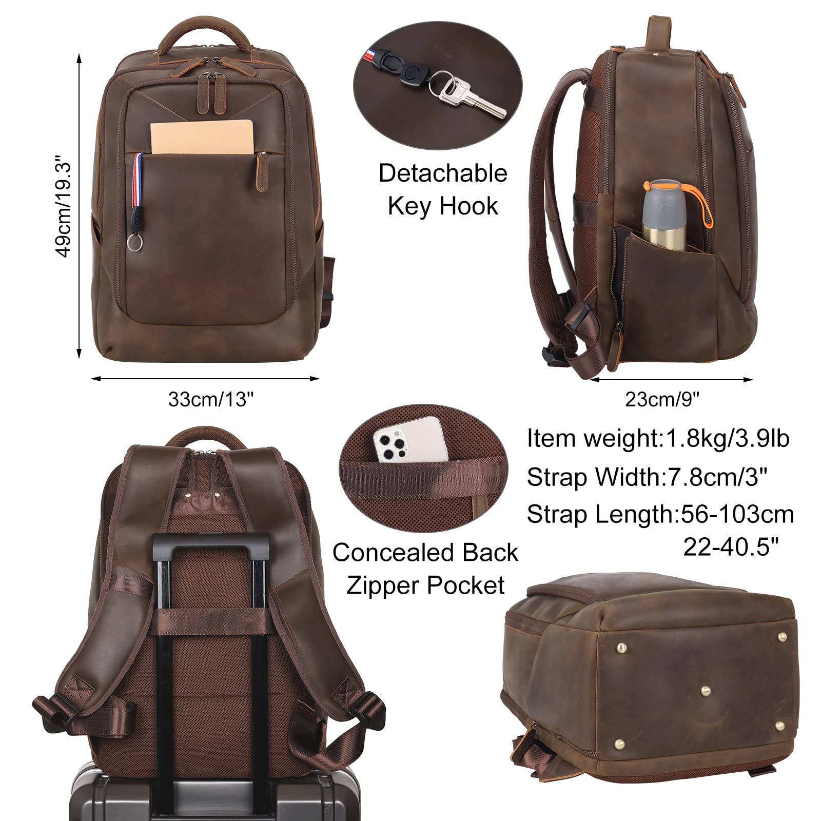 Masa Kawa Vintage Leather 15.6" Laptop Backpack for Men Large College School Bag Bookbag Business Work Travel Rucksack Casual Hiking Camping Daypack, Light Brown