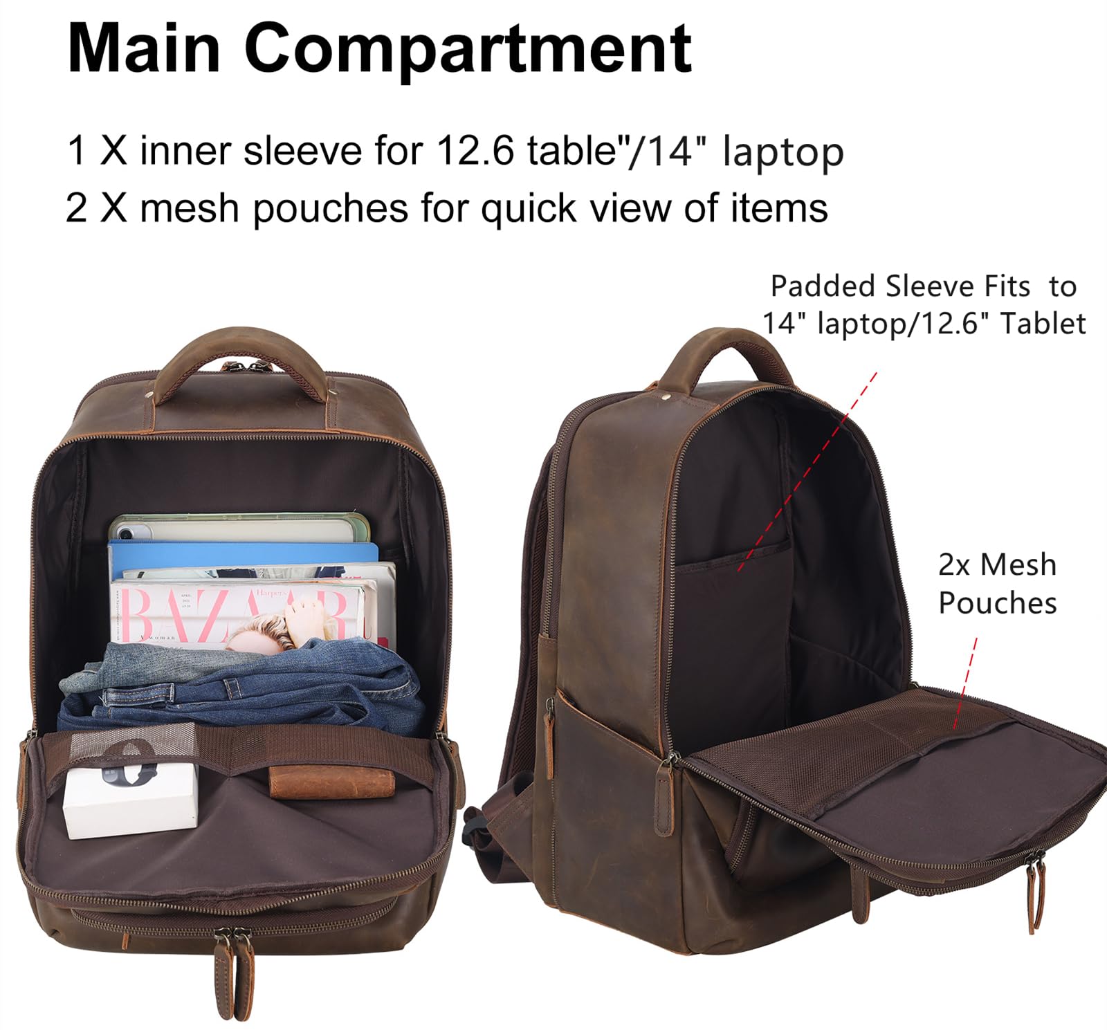 Masa Kawa Vintage Leather 15.6" Laptop Backpack for Men Large College School Bag Bookbag Business Work Travel Rucksack Casual Hiking Camping Daypack, Light Brown