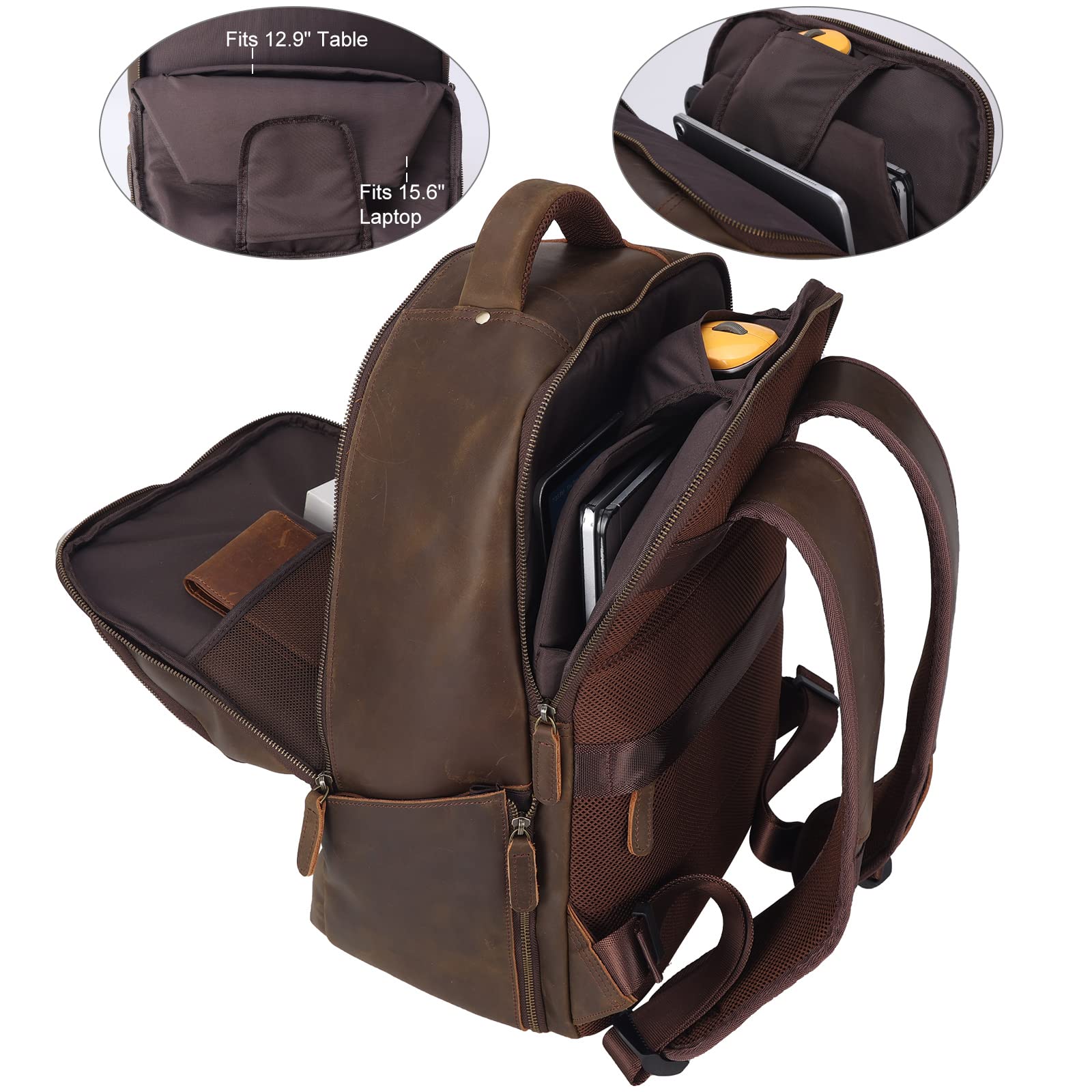 Masa Kawa Vintage Leather 15.6" Laptop Backpack for Men Large College School Bag Bookbag Business Work Travel Rucksack Casual Hiking Camping Daypack, Light Brown