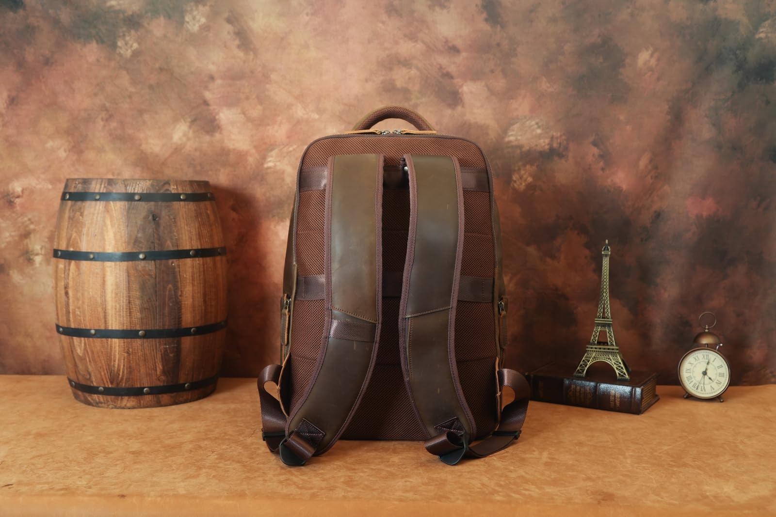 Masa Kawa Vintage Leather 15.6" Laptop Backpack for Men Large College School Bag Bookbag Business Work Travel Rucksack Casual Hiking Camping Daypack, Light Brown