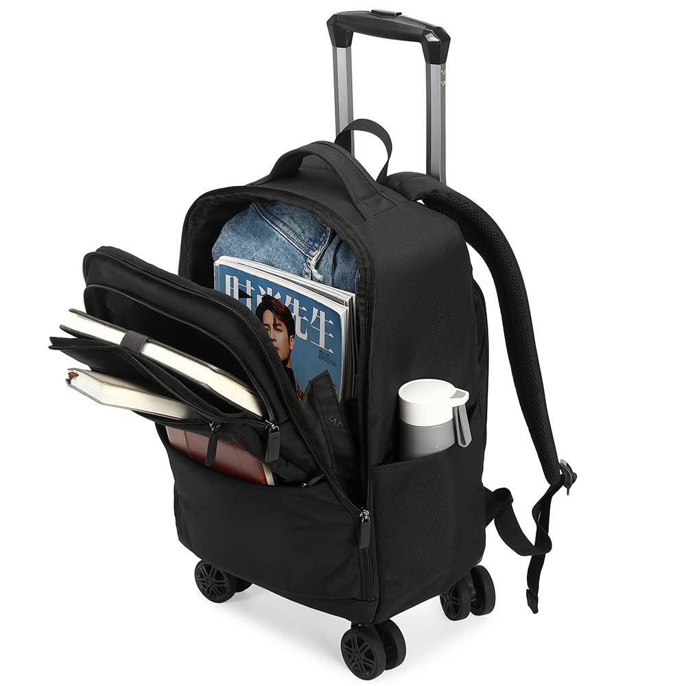 PINKSHE'S Rolling Backpack Water Resistant Rolling Wheeled Backpack 15.6 inch Laptop Compartment Bag for Adults Travel Business College (Black, 20inch)