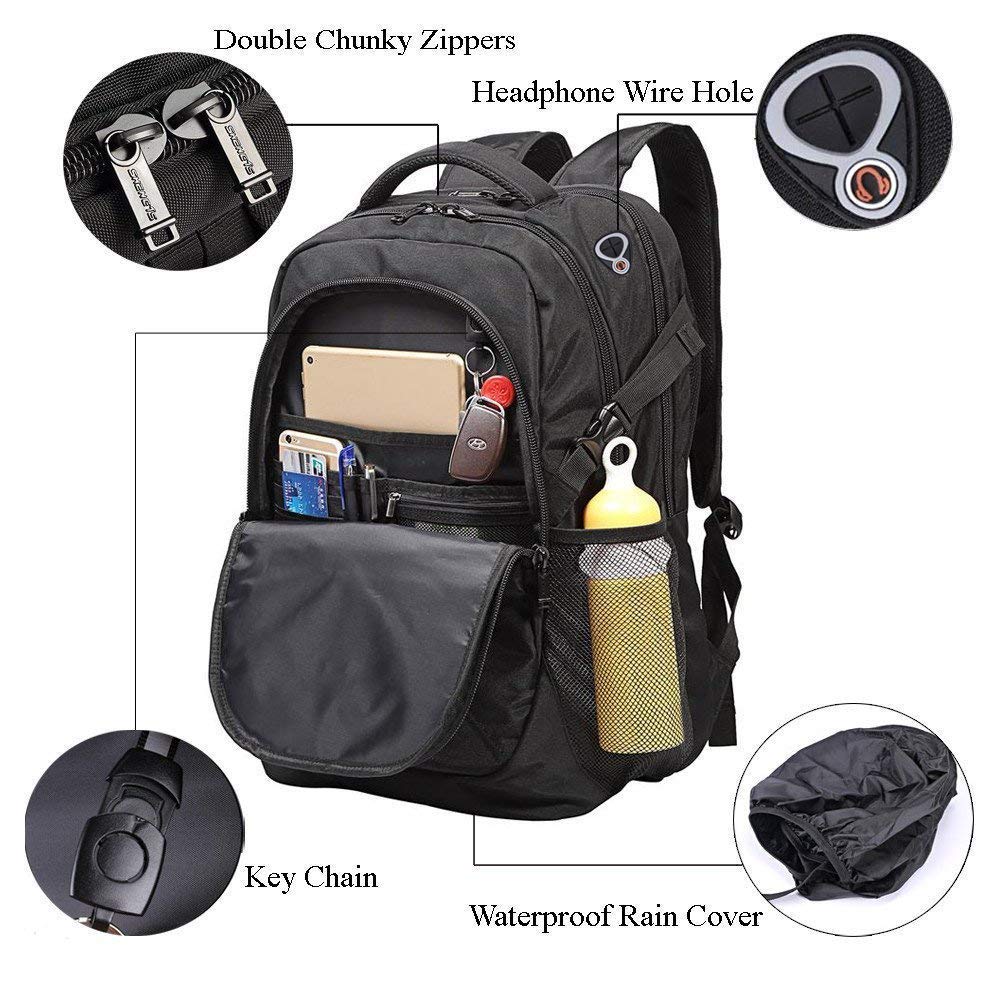Ronyes Backpack for Laptops Up To 18.4 Inch Hiking Backpack Water Resistant Travel Computer Backpack Shockproof Laptop Backpack with USB Charging Port and Waterproof Rain Cover (Black)