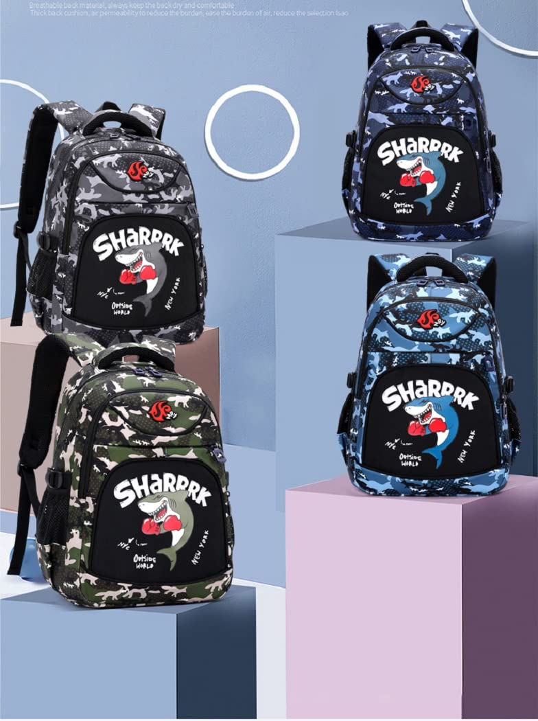 Shark Backpack for Boys, Camo Bookbags for Boys, Boys Backpacks for Kids Elementary