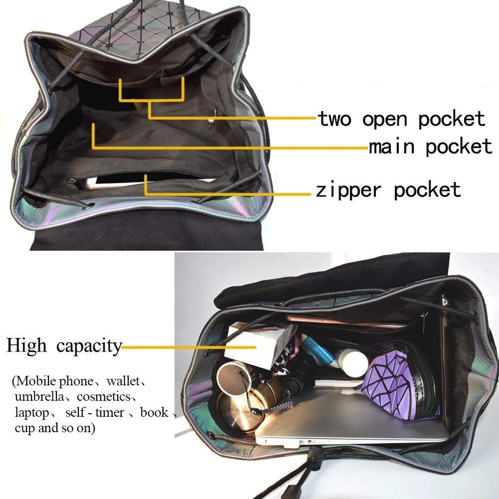 FZChenrry Geometric Backpack Luminous Backpacks Holographic Reflective Bag Lumikay Bags Irredescent Large Rainbow Purses Wallet Set NO.2