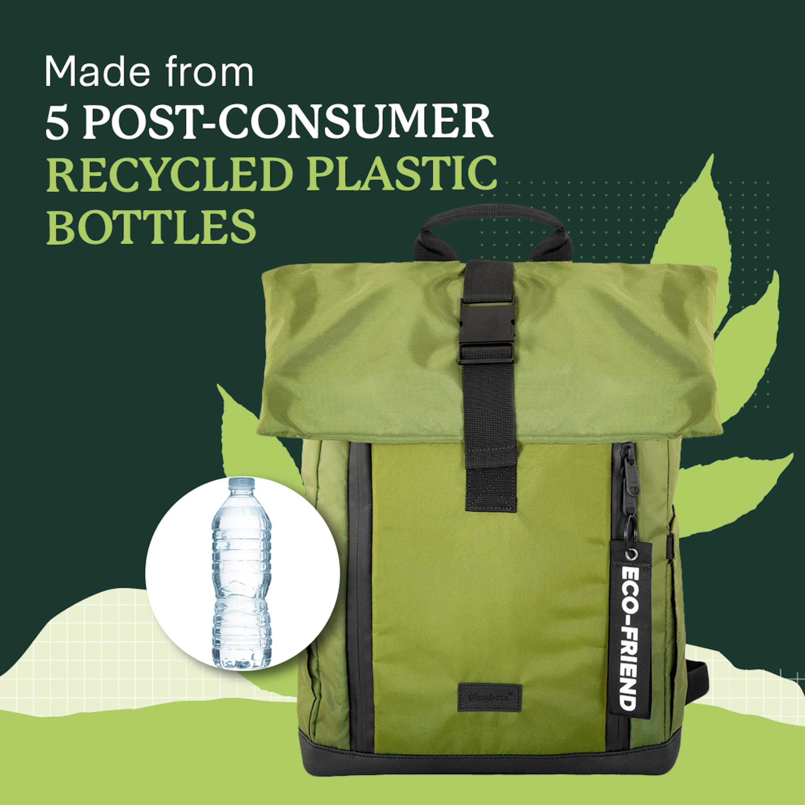 Dingbats* - Roll Top Backpack - 25L Rucksack - Made from Recycled PET Bottles, Padded Shoulder Straps, Metal Buckles - Ideal Laptop Backpack, Fits 15" Laptop - Durable, Aesthetic - Volcano
