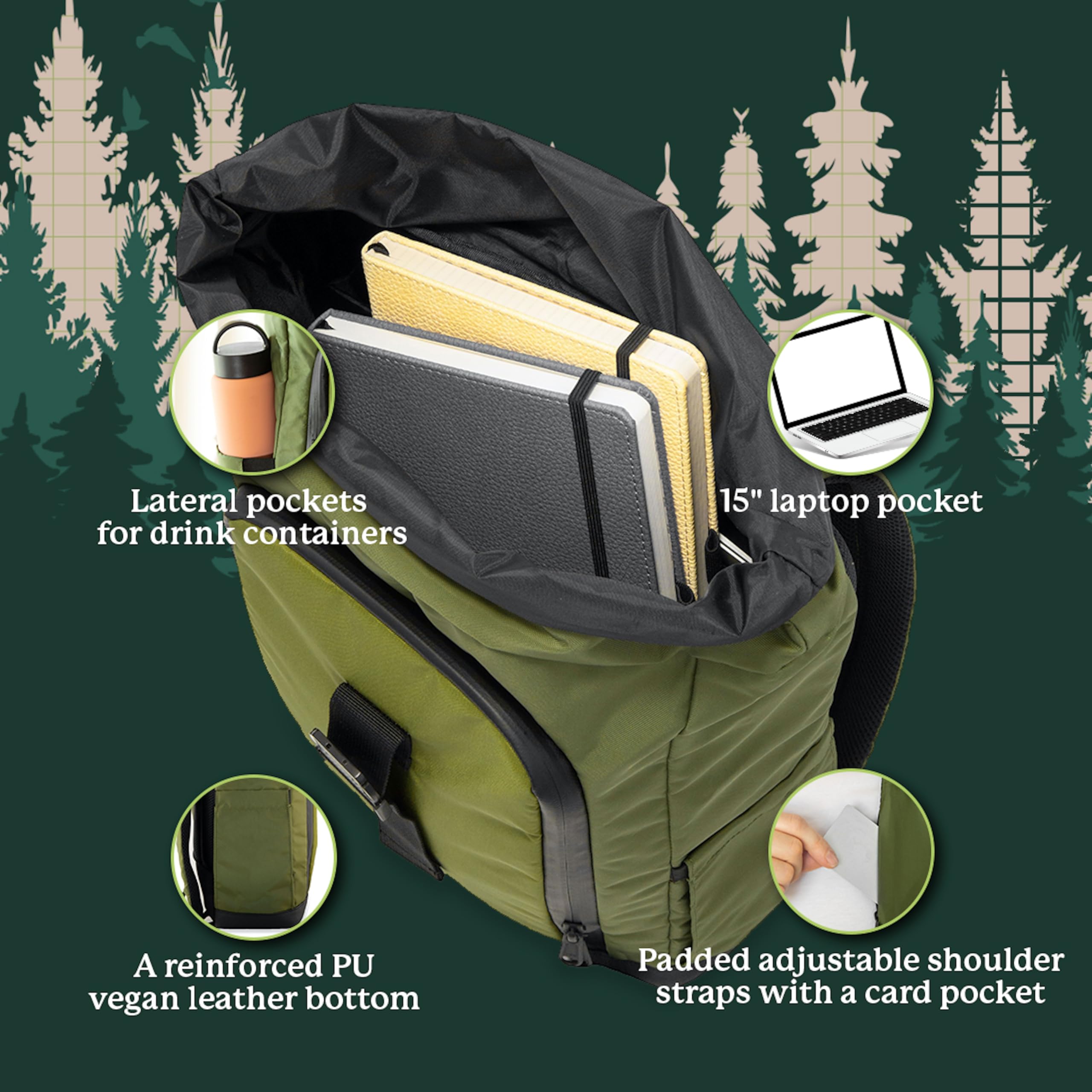 Dingbats* - Roll Top Backpack - 25L Rucksack - Made from Recycled PET Bottles, Padded Shoulder Straps, Metal Buckles - Ideal Laptop Backpack, Fits 15" Laptop - Durable, Aesthetic - Volcano