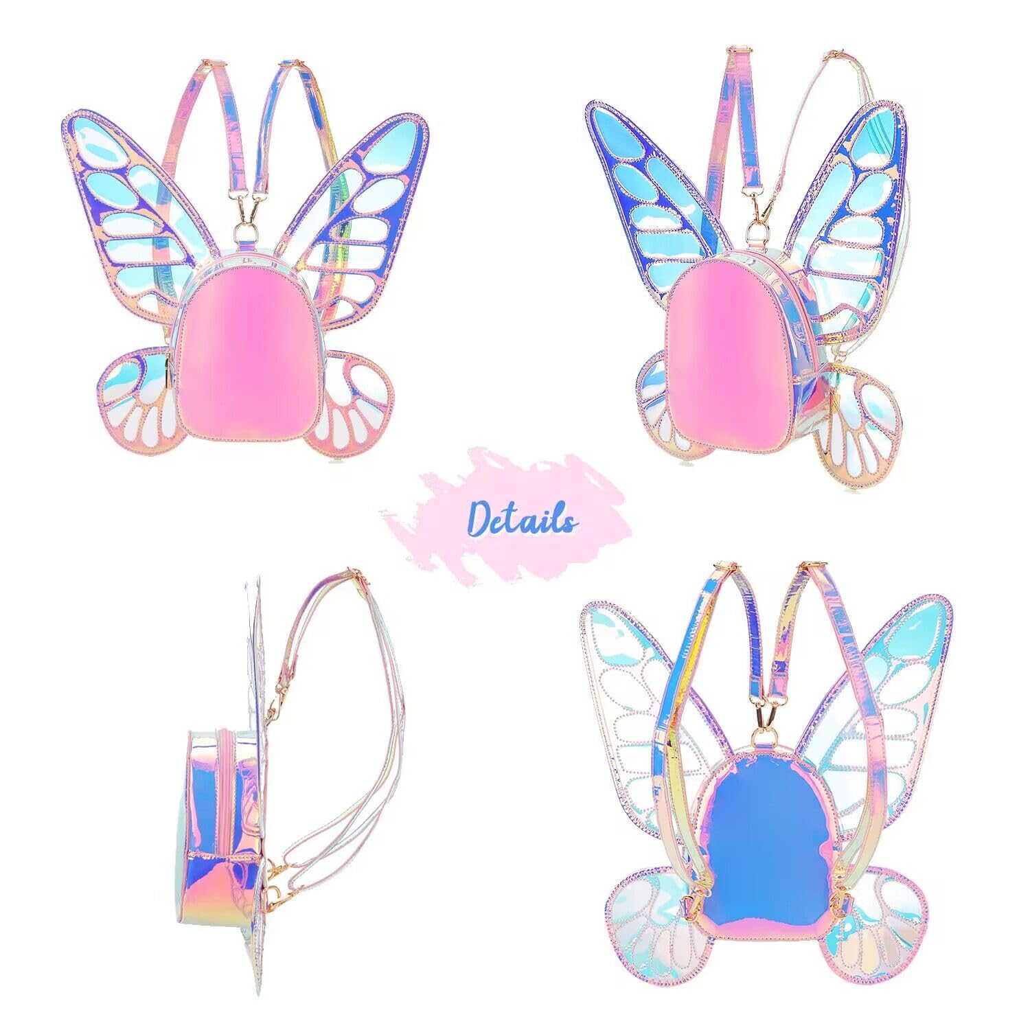 ENJOININ Women's Laser Holographic Backpack Butterfly Angel Wings Casual Daypack Shoulder bag for Young Girls (Laser Pink)