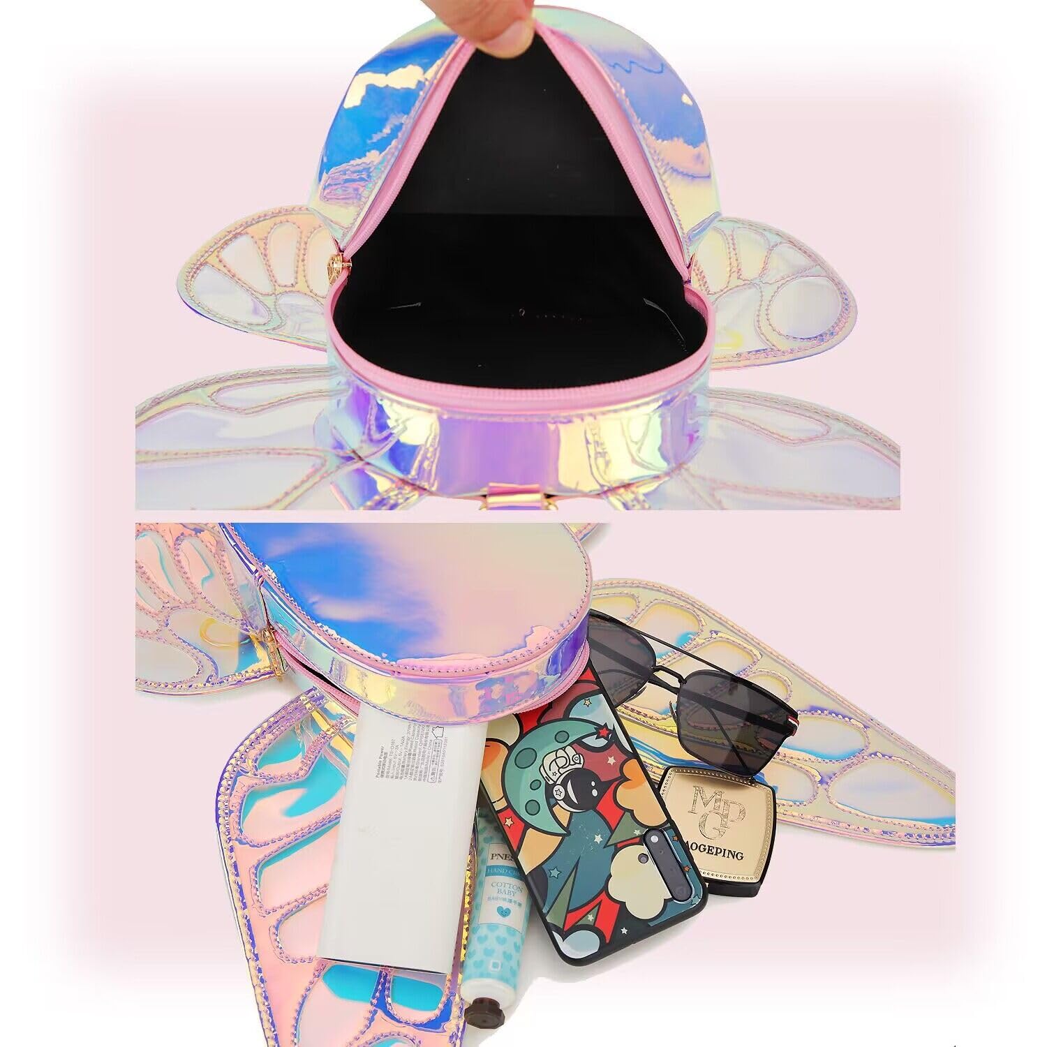 ENJOININ Women's Laser Holographic Backpack Butterfly Angel Wings Casual Daypack Shoulder bag for Young Girls (Laser Pink)