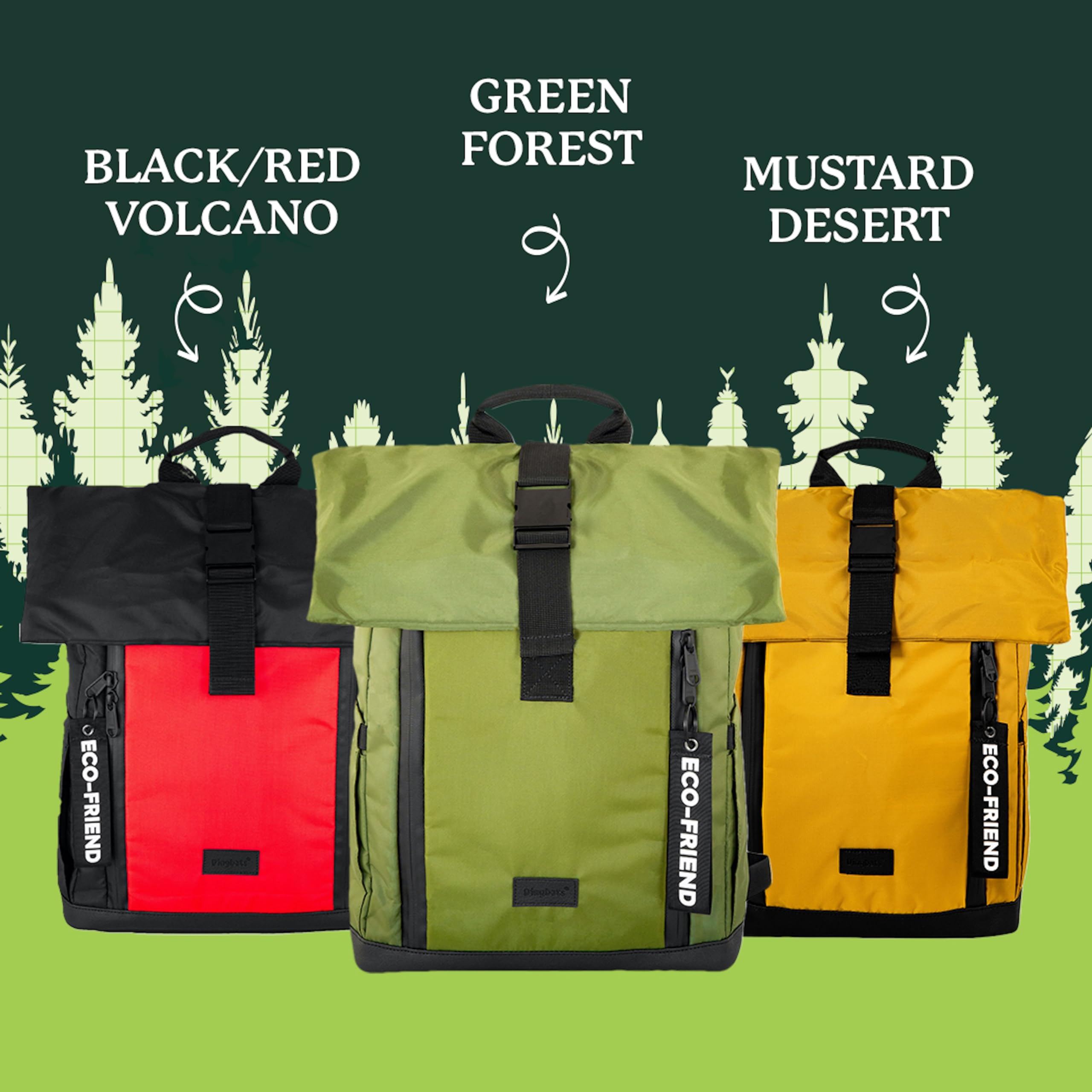 Dingbats* - Roll Top Backpack - 25L Rucksack - Made from Recycled PET Bottles, Padded Shoulder Straps, Metal Buckles - Ideal Laptop Backpack, Fits 15" Laptop - Durable, Aesthetic - Volcano