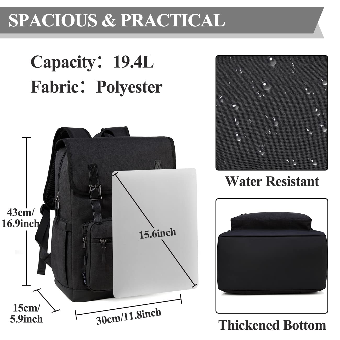 VASCHY Laptop Backpack, Water Resistant Multifunctional Business College School Bookbag Computer Travel Backpack for Men Women Fits 15.6in Laptop,Black