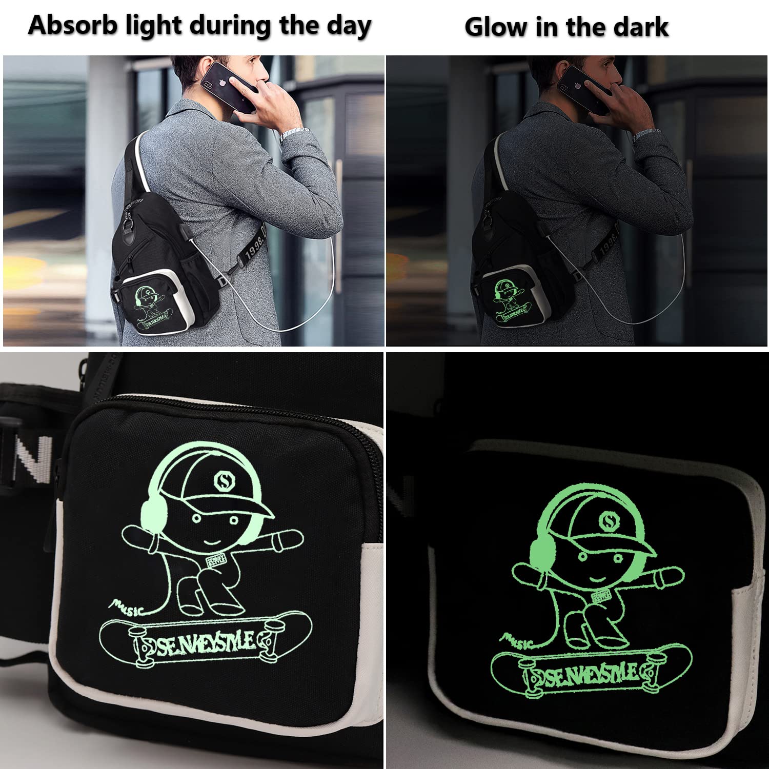Casual Sling Bag for Women Men, Small Chest Pack for Travel Sport College School (Skateboard)