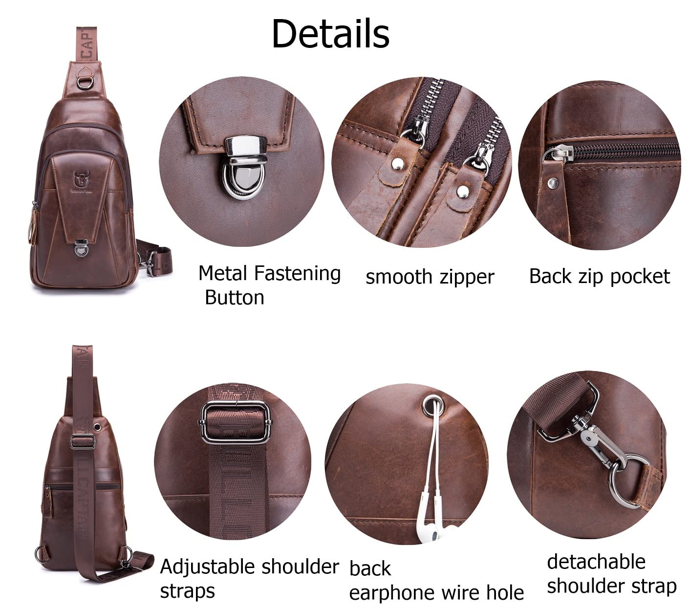 BULLCAPTAIN Leather Sling Bag for Men Multi-pocket Crossbody Chest Bag Travel Casual Shoulder Backpack (Brown)