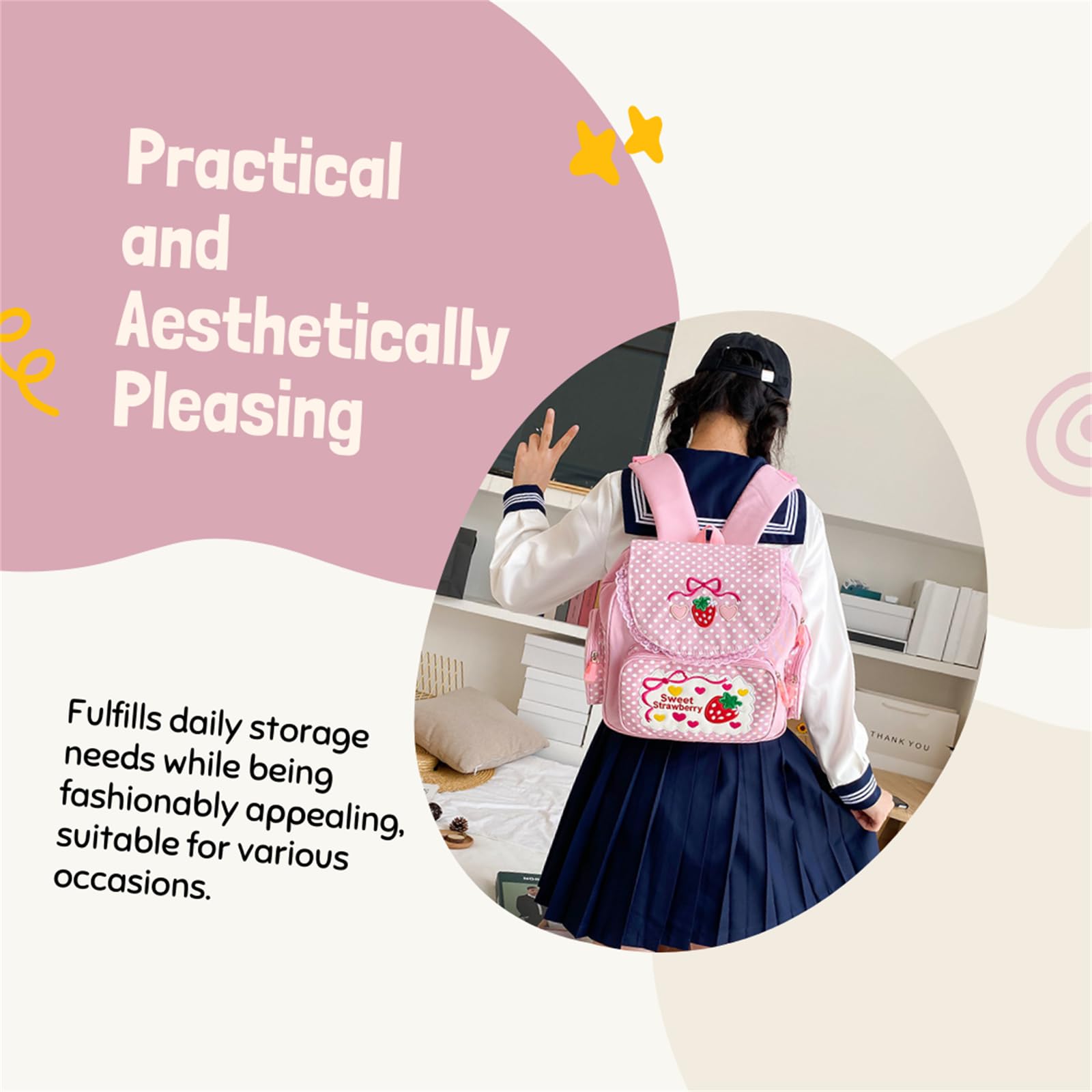 Aobiono Kawaii Strawberry Backpack Mini Cute Anime Aesthetic Pink Lace Polka Dot Small Bookbag Japanese Cartoon Fruit Bag