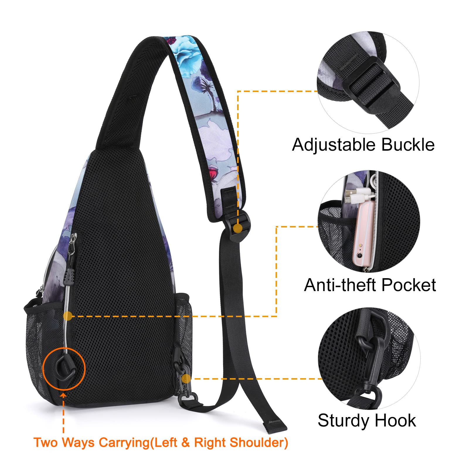 MOSISO Mini Sling Backpack,Small Hiking Daypack Pattern Travel Outdoor Sports Bag, Ink-wash Painting