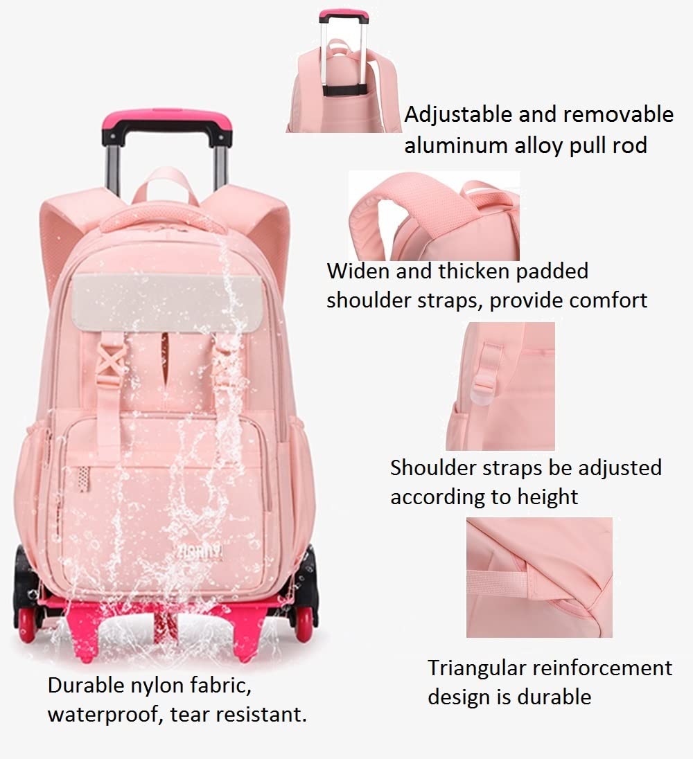 Rolling Backpack for Girls Boys with Wheels Solid Color Kids Trolley School Bag Wheeled Bookbag