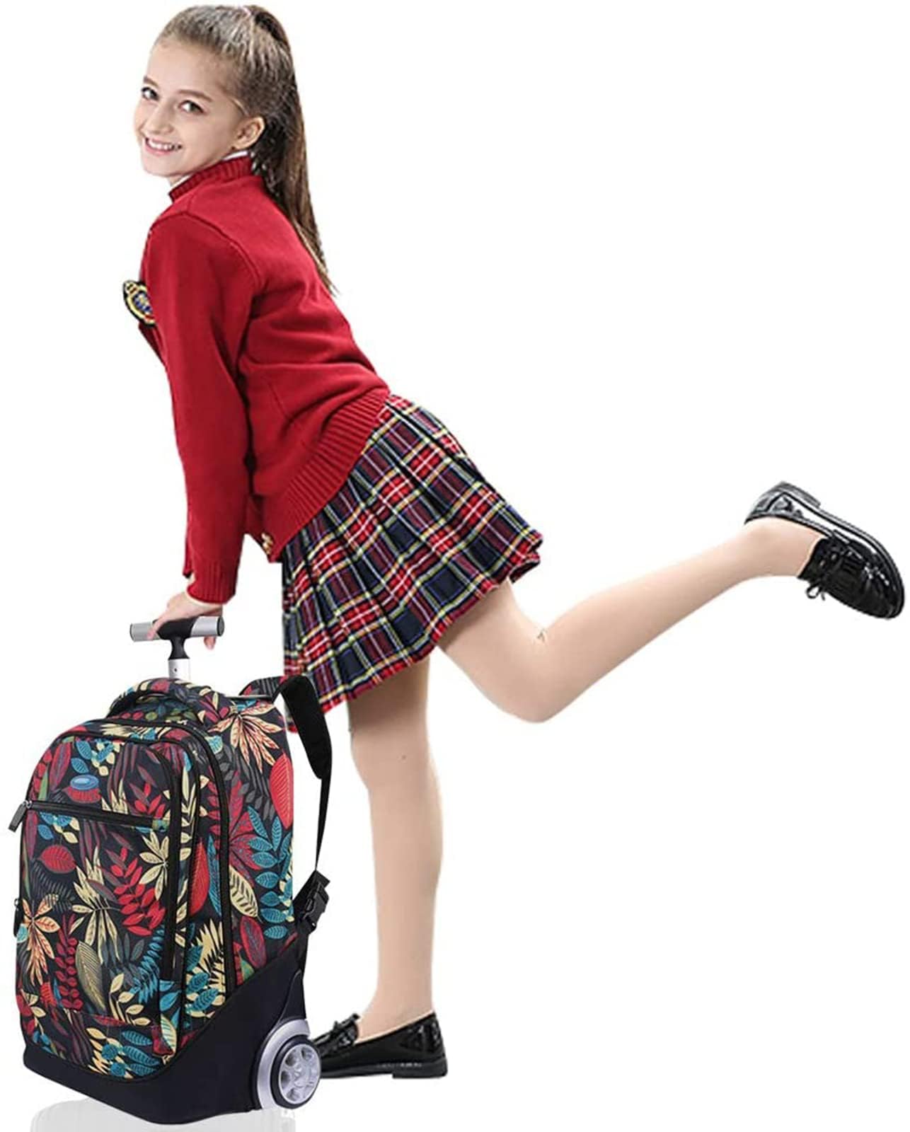 DNSHAN Rolling Backpack for Kids, 18 Inch Girls Wheeled Backpacks for School Travel, Flower