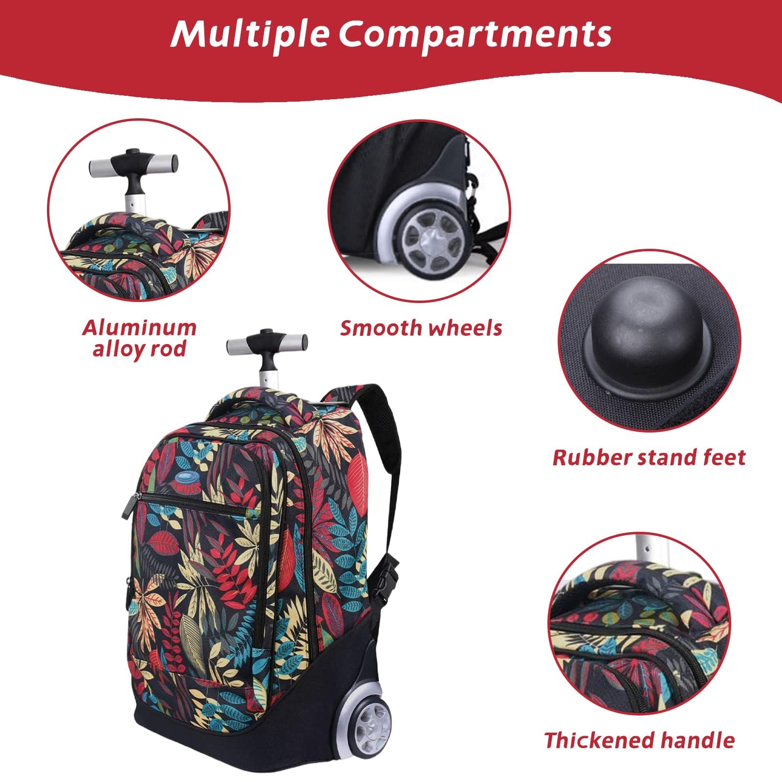 DNSHAN Rolling Backpack for Kids, 18 Inch Girls Wheeled Backpacks for School Travel, Flower