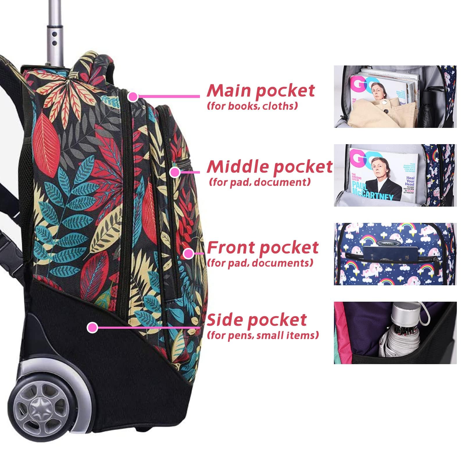 DNSHAN Rolling Backpack for Kids, 18 Inch Girls Wheeled Backpacks for School Travel, Flower