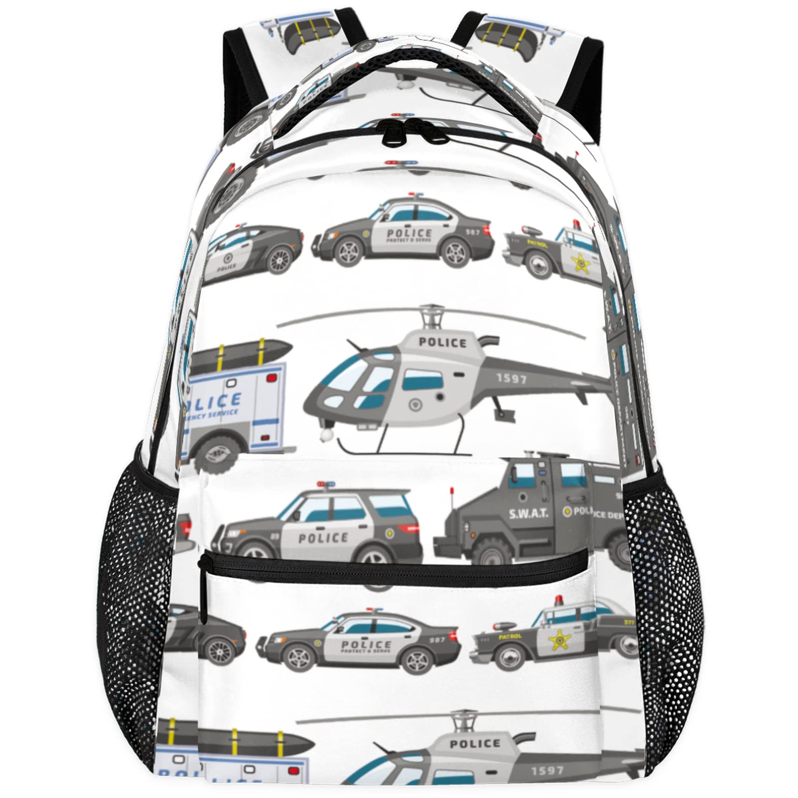 TropicalLife Police Car Larger Student Backpack, Policeman Motorbike Waterproof School Bag For Teen Girls Boys