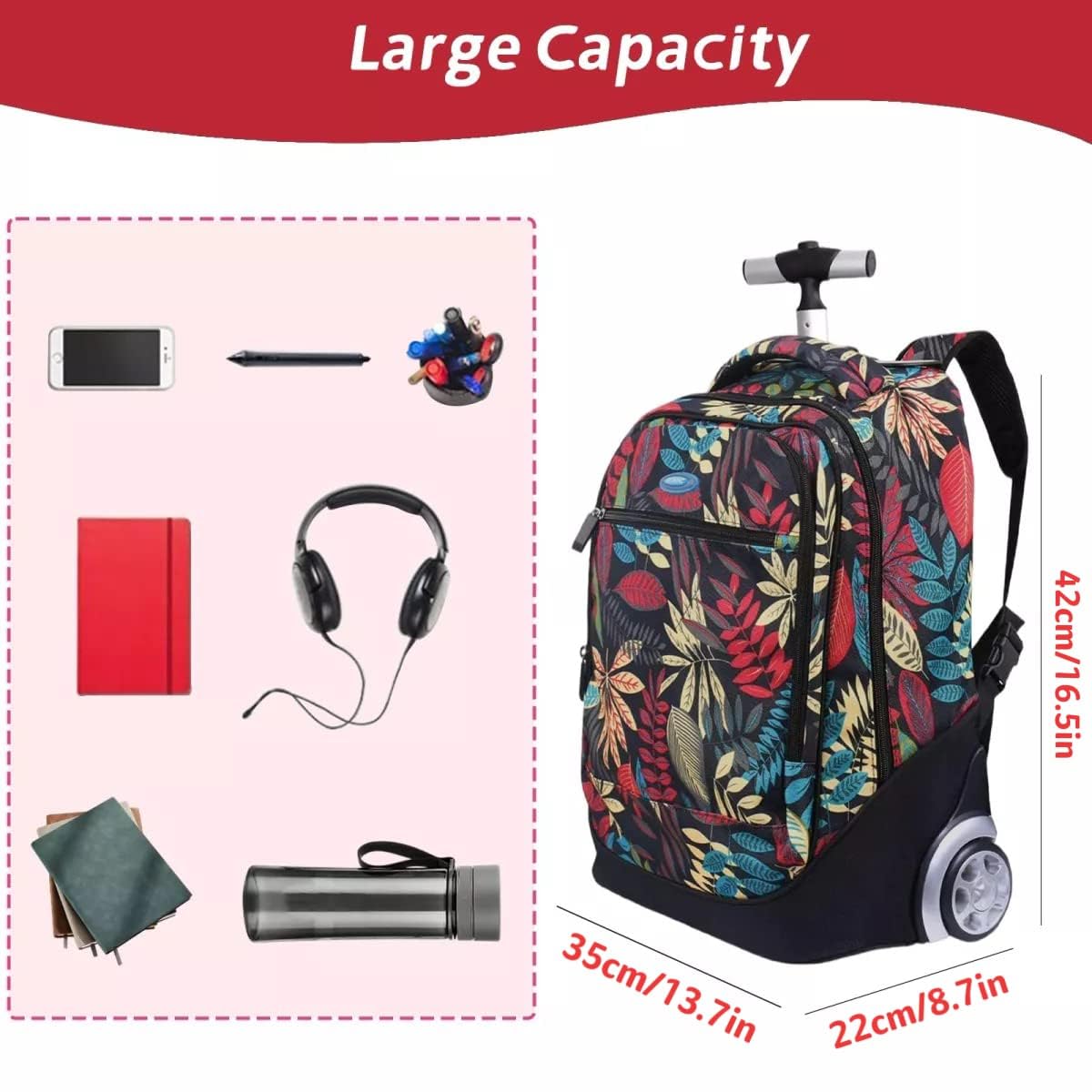 DNSHAN Rolling Backpack for Kids, 18 Inch Girls Wheeled Backpacks for School Travel, Flower