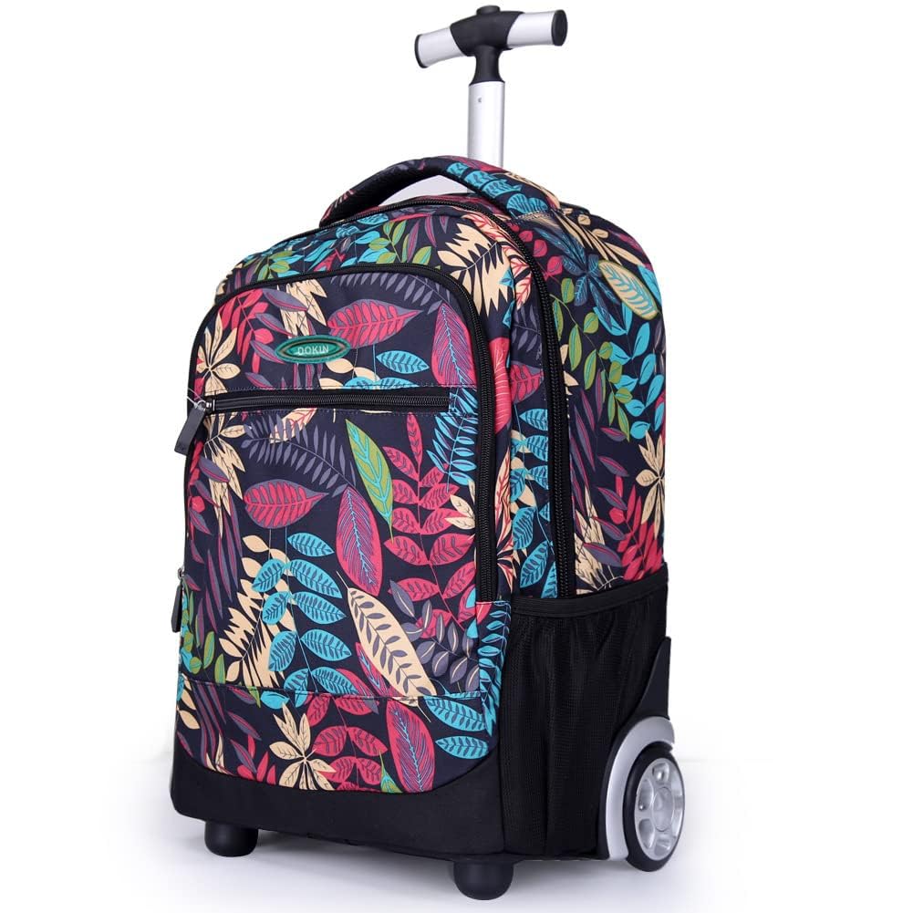 DNSHAN Rolling Backpack for Kids, 18 Inch Girls Wheeled Backpacks for School Travel, Flower