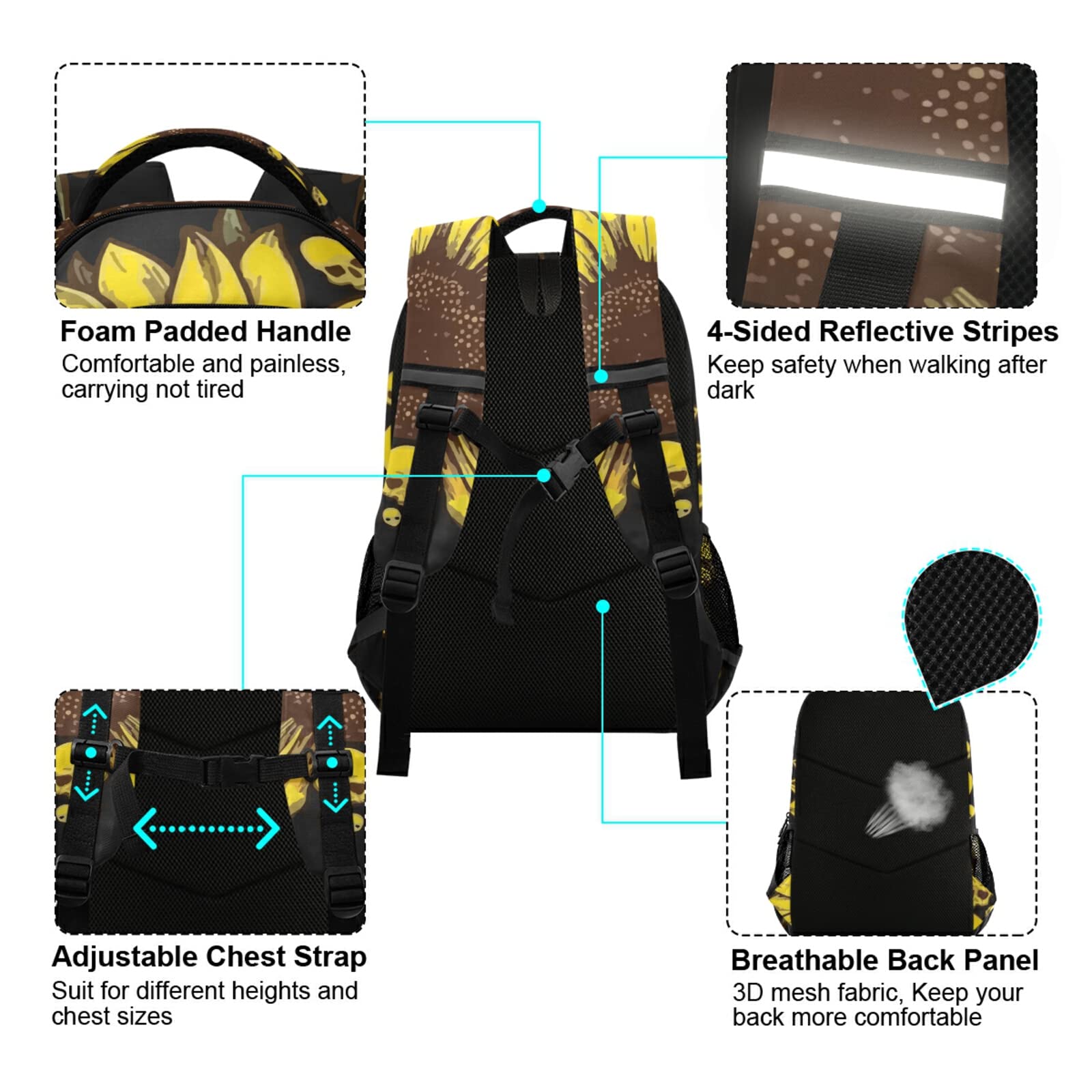 Skull & Sunflowers Backpacks Lightweight Laptop Backpack School Book Bag Travel Hiking Daypack for Women Men Teens Kids
