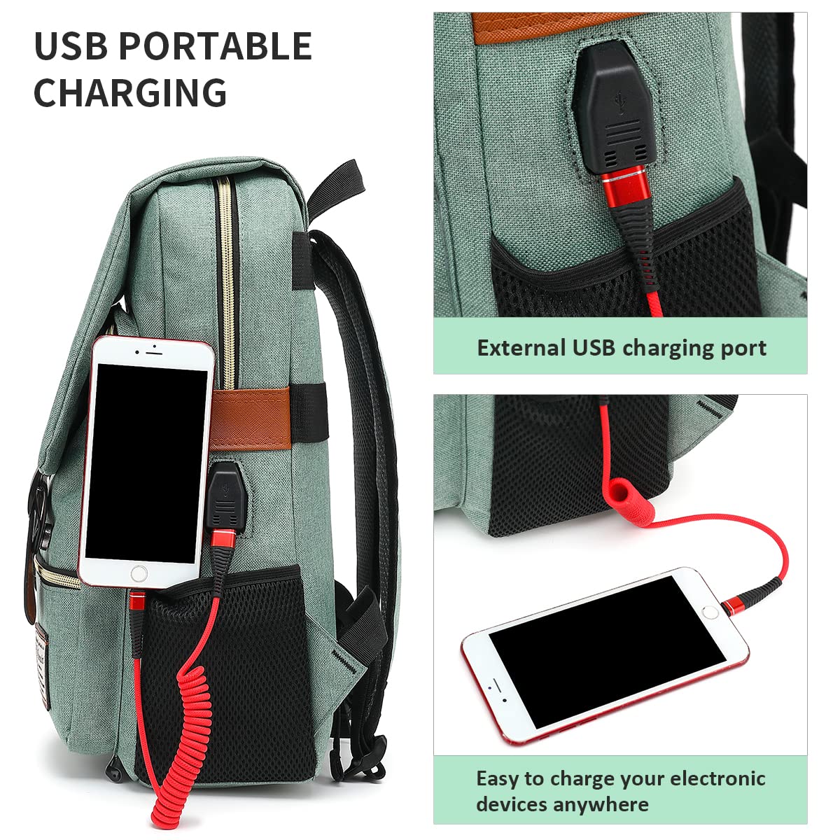 Mancio Vintage Slim Laptop Backpack for Women Men,Tear Resistant Business School College Bag with USB Charging Port, Green.