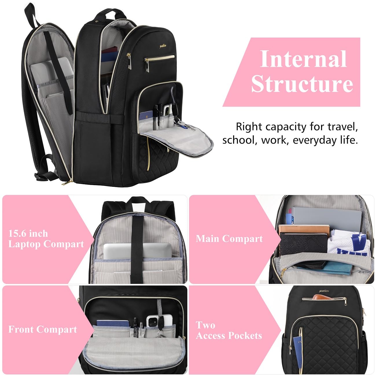 YAMTION Backpack Women Laptop,School Backpack Teen Girls Bookbag with USB for Uni College Students Teacher Business Work,Black