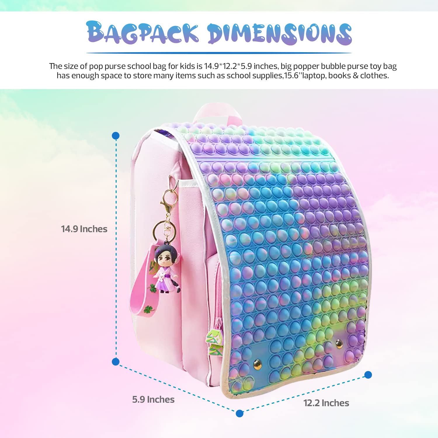 AmazTree Rainbow Pop On It School Backpack | Fidget Backpack for Kids, Teenagers Girls & Boys with Strap Adjustable Waterproof Book Bags | ADHD Anxiety Relief School Book Bags for Kids (PINK)