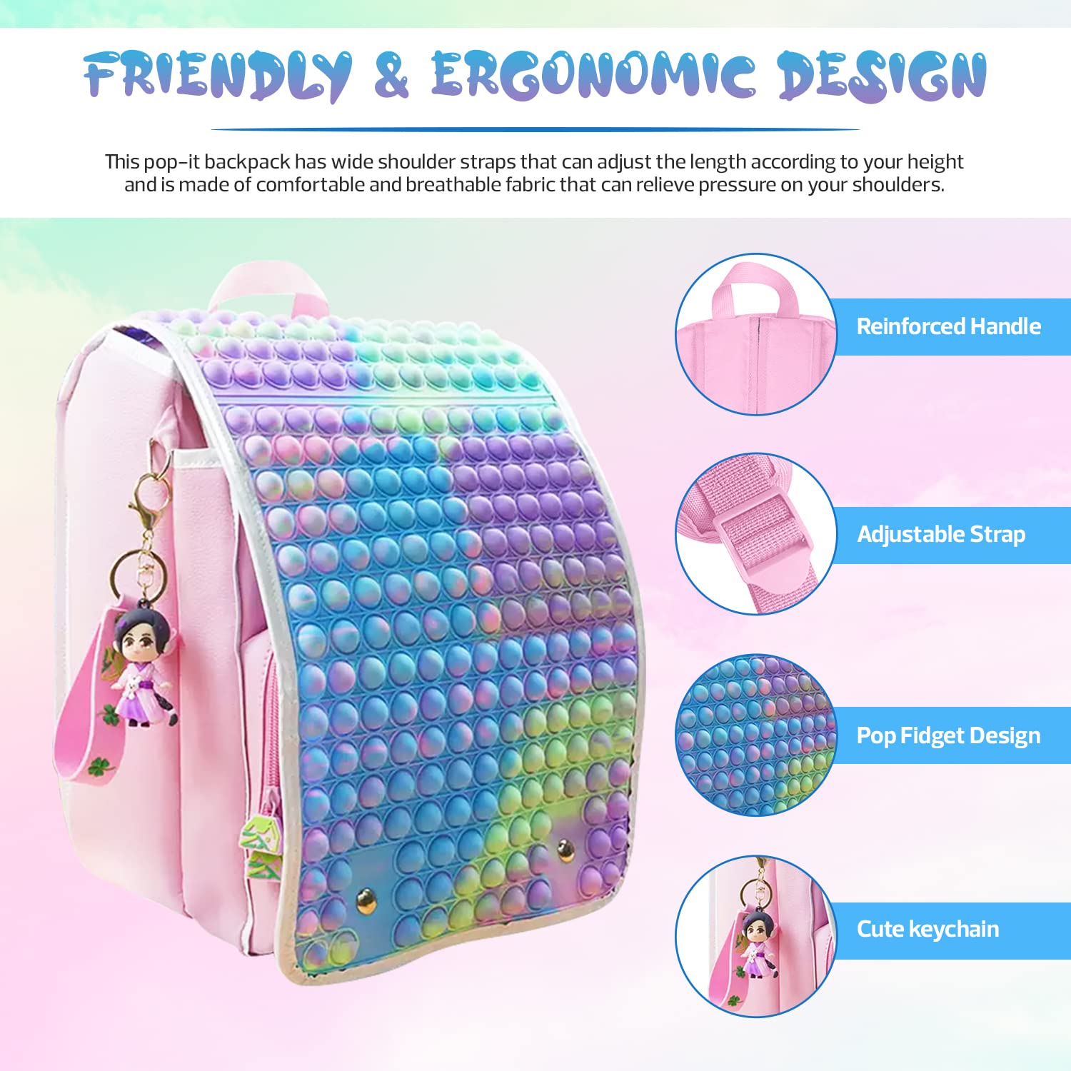 AmazTree Rainbow Pop On It School Backpack | Fidget Backpack for Kids, Teenagers Girls & Boys with Strap Adjustable Waterproof Book Bags | ADHD Anxiety Relief School Book Bags for Kids (PINK)