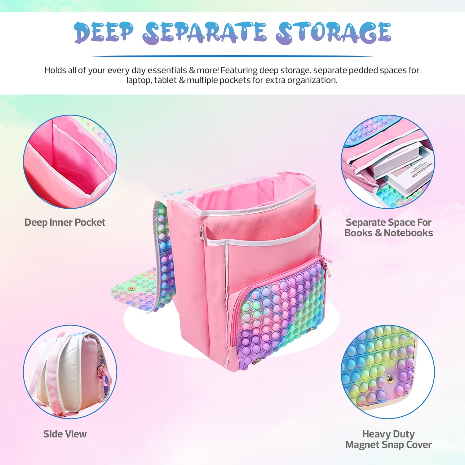 AmazTree Rainbow Pop On It School Backpack | Fidget Backpack for Kids, Teenagers Girls & Boys with Strap Adjustable Waterproof Book Bags | ADHD Anxiety Relief School Book Bags for Kids (PINK)