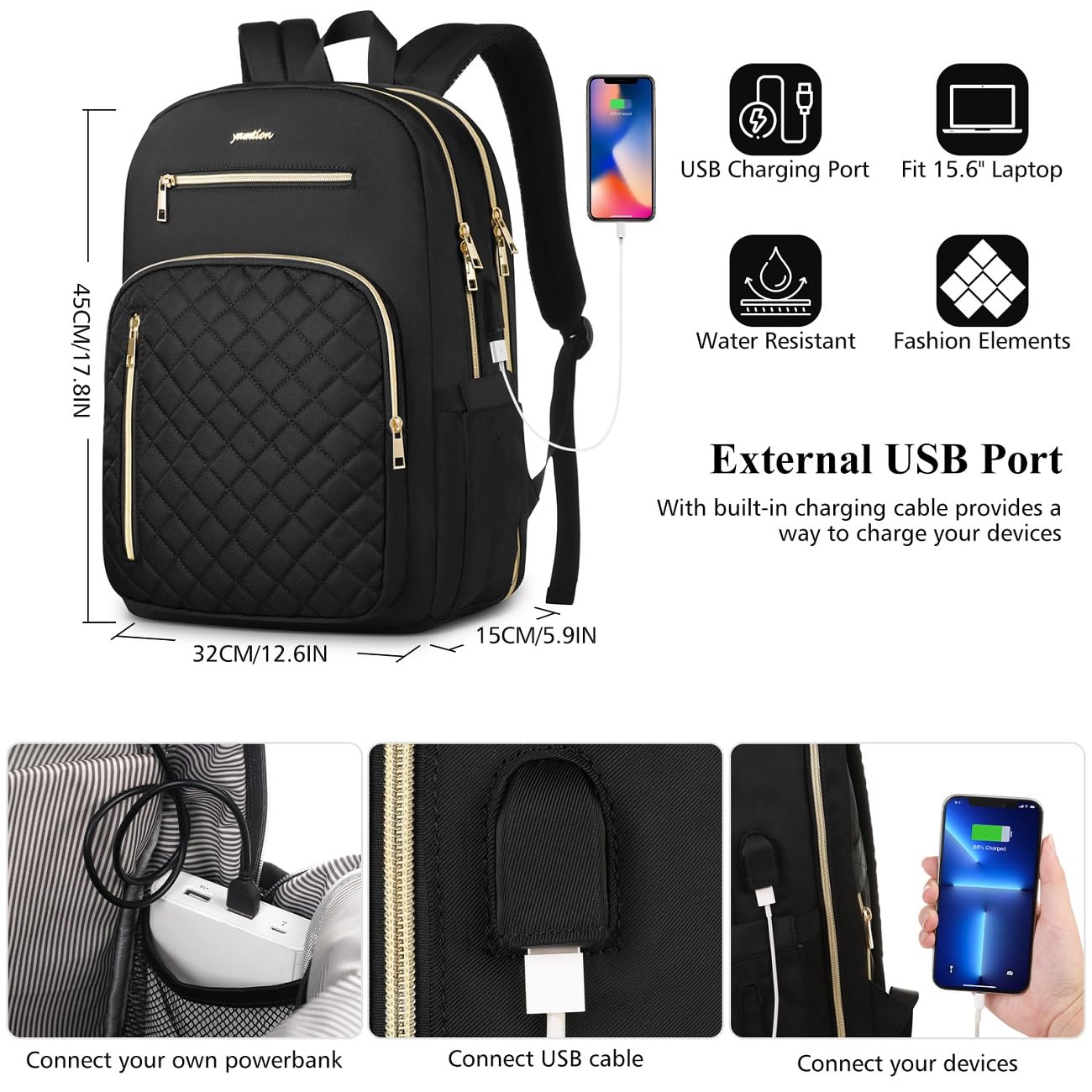 YAMTION Backpack Women Laptop,School Backpack Teen Girls Bookbag with USB for Uni College Students Teacher Business Work,Black