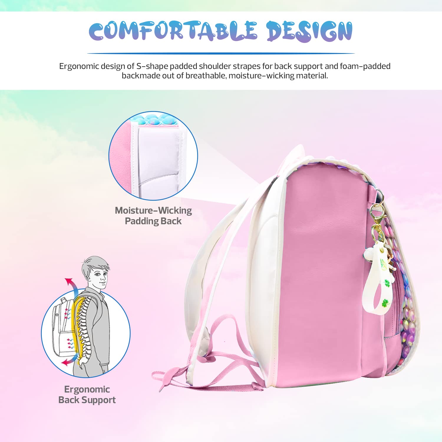 AmazTree Rainbow Pop On It School Backpack | Fidget Backpack for Kids, Teenagers Girls & Boys with Strap Adjustable Waterproof Book Bags | ADHD Anxiety Relief School Book Bags for Kids (PINK)
