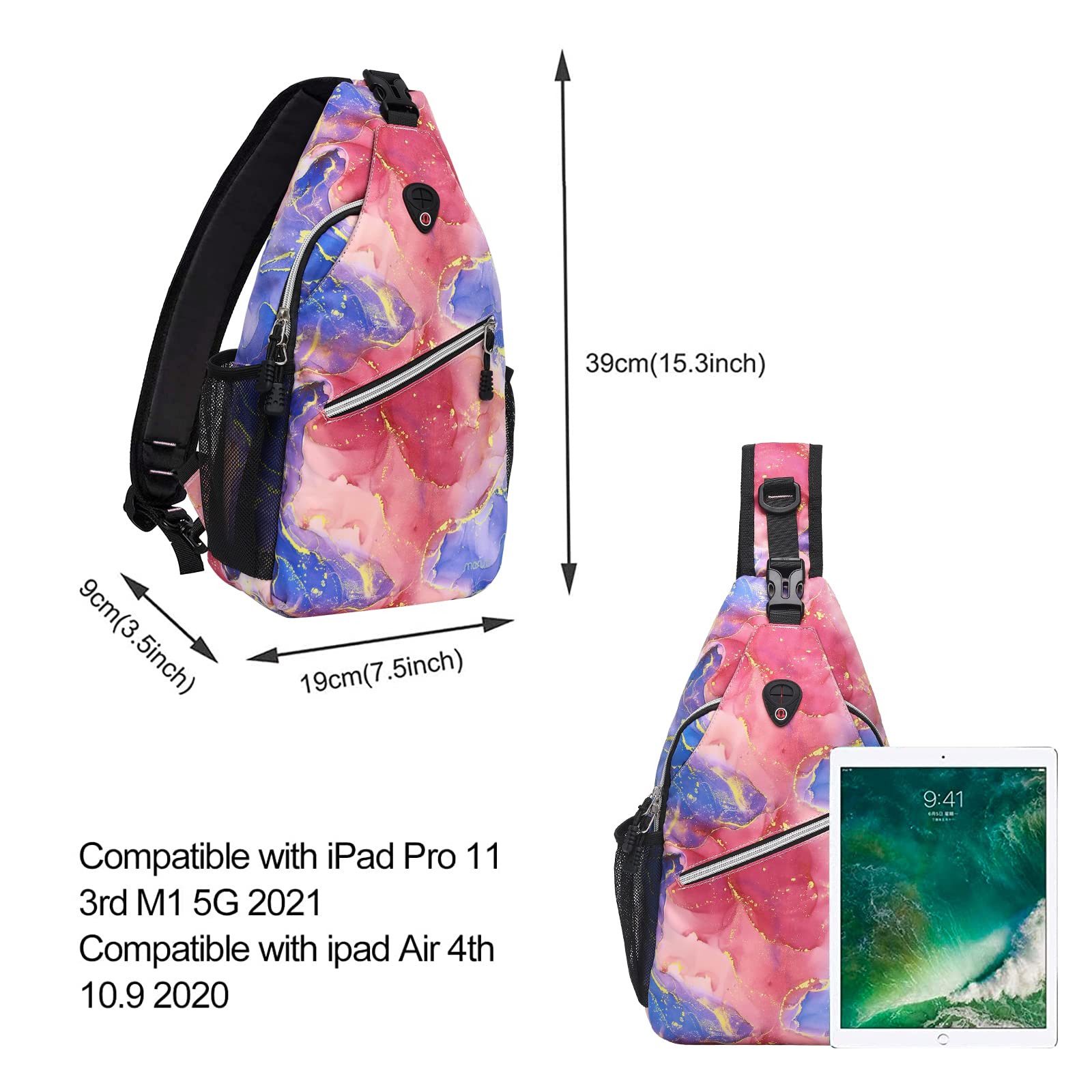 MOSISO Sling Backpack, Multipurpose Travel Hiking Daypack Rope Crossbody Shoulder Bag, Pink Blue Gold Marble