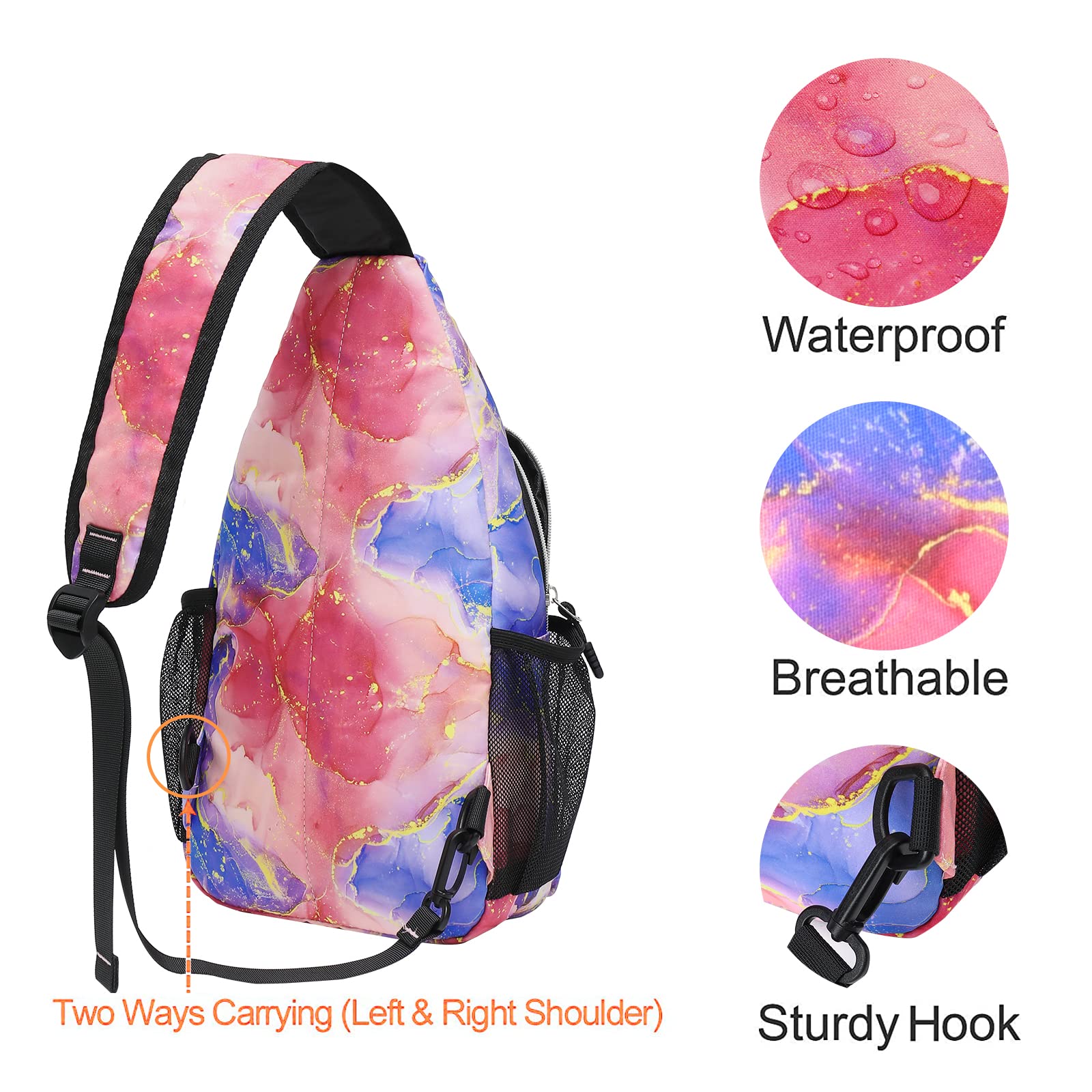 MOSISO Sling Backpack, Multipurpose Travel Hiking Daypack Rope Crossbody Shoulder Bag, Pink Blue Gold Marble