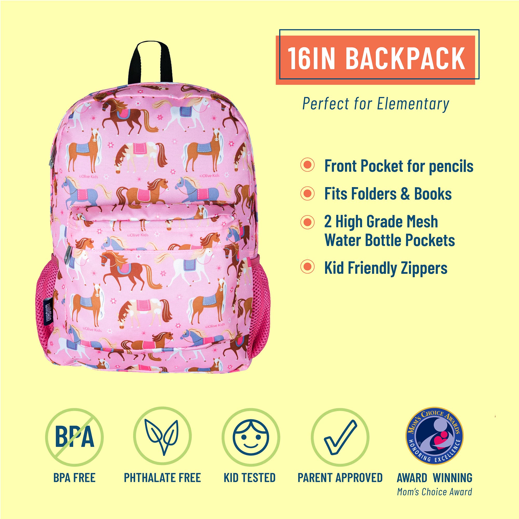 Wildkin 16-Inch Kids Backpack for Boys & Girls, Perfect for Elementary School Backpack, Features Padded Back & Adjustable Strap, Ideal Size for School & Travel Backpacks (Horses)