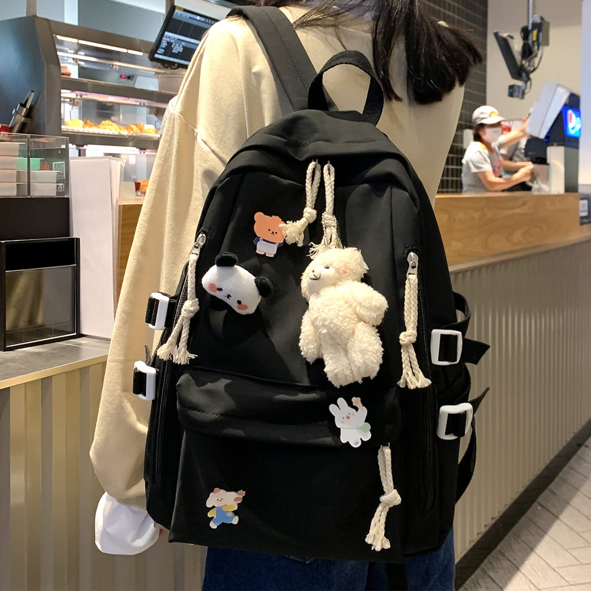 Kawaii Backpack with Cute Pins Accessories Student Bookbags for Teen Girls Middle School Bag Lightweight Travel Backpack(Onesize, Black)