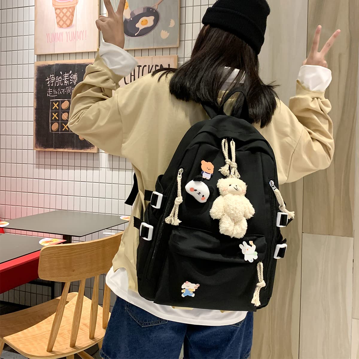 Kawaii Backpack with Cute Pins Accessories Student Bookbags for Teen Girls Middle School Bag Lightweight Travel Backpack(Onesize, Black)